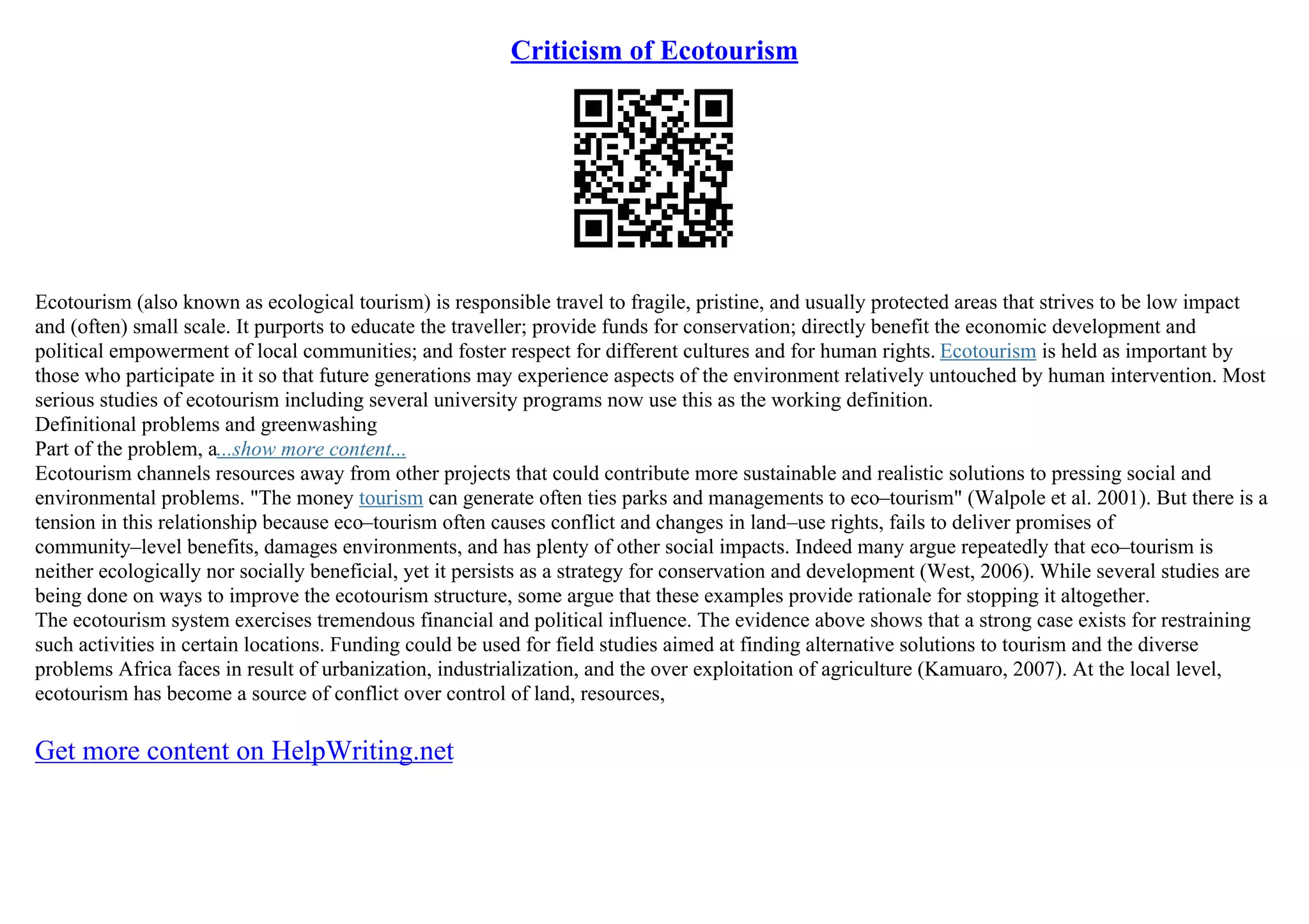 Criticism Of Ecotourism | PDF