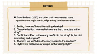 Compose an independent critique of a chosen selection. | PPTX