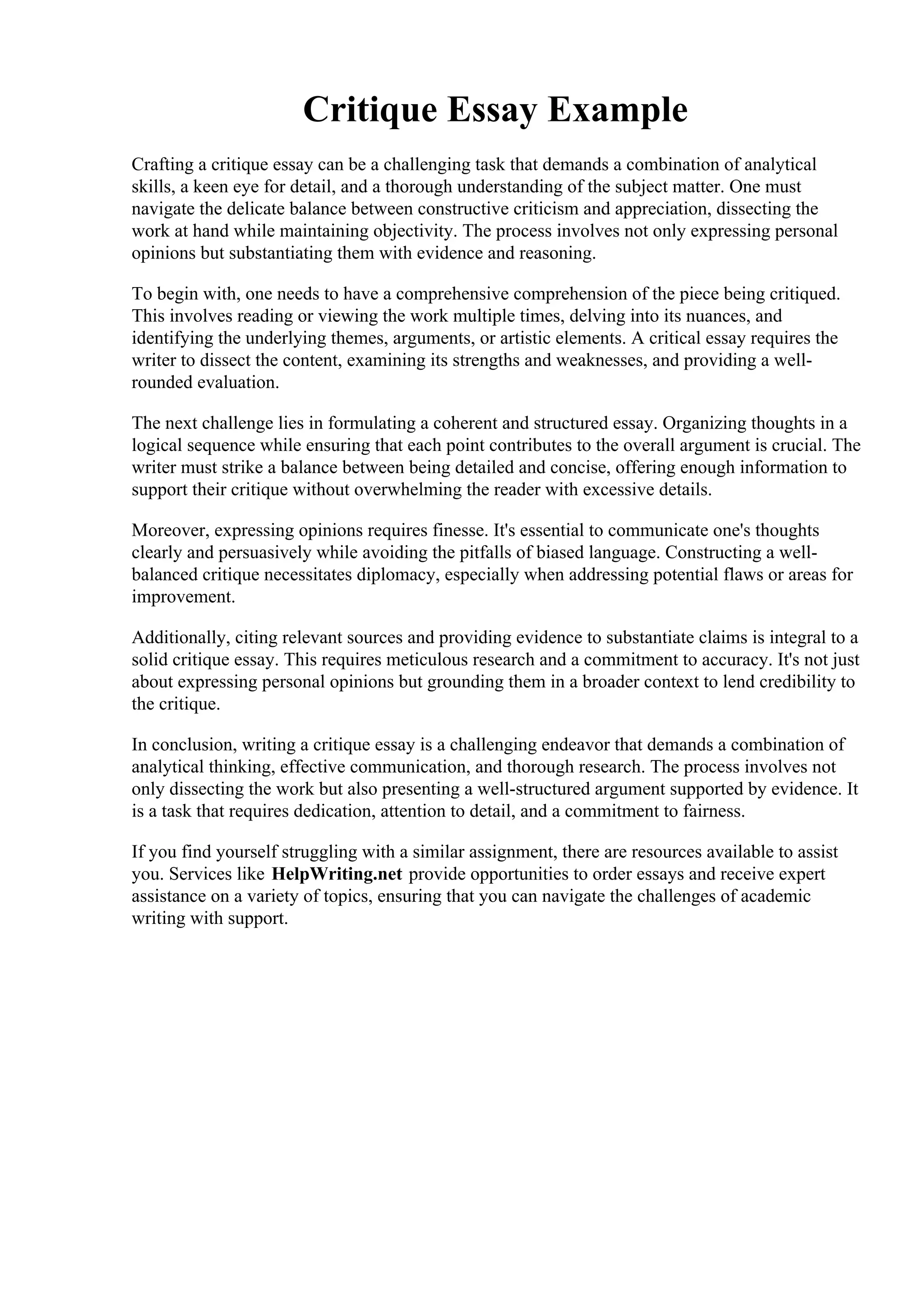 Critique Essay Example. Critique Paper Example Of An Article / How to ...