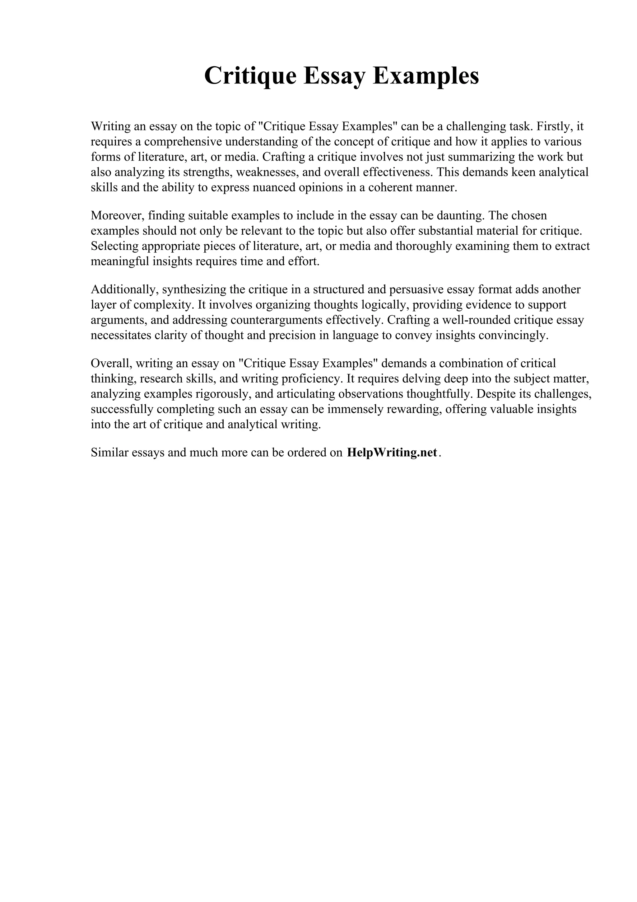 Critique Essay Examples. Career Care Institute | PDF