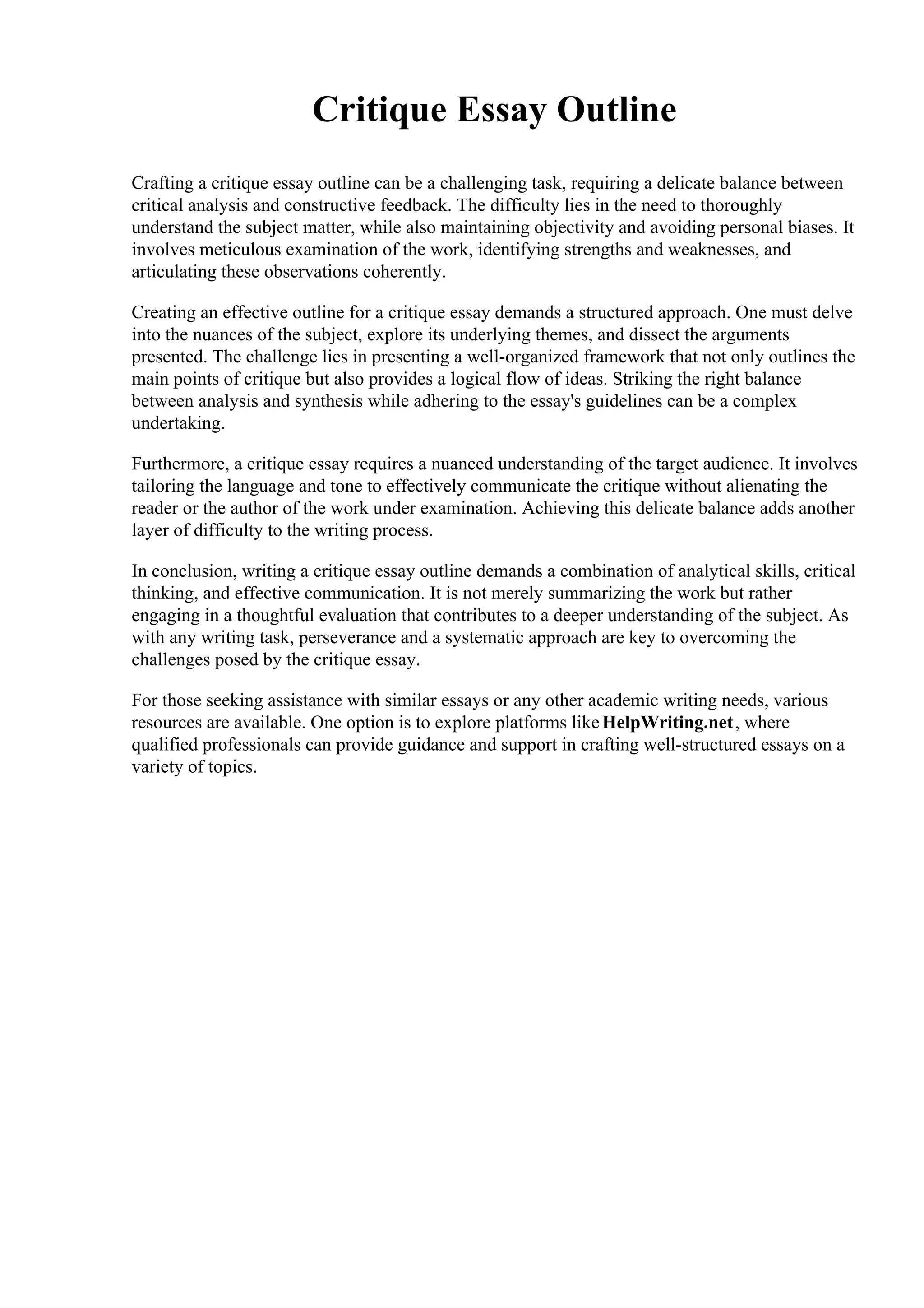 Critique Essay Outline. Saint Paul College | PDF