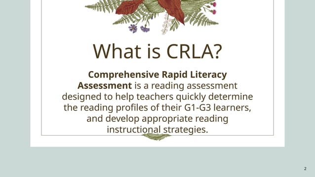 CRLA powerpoint presentation by Myra Lag | PPTX | Educational Assessment | Education