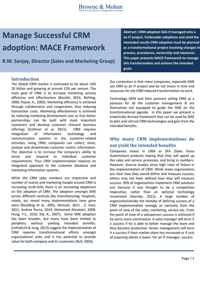 Manage Successful CRM adopion: MACE framework | PDF