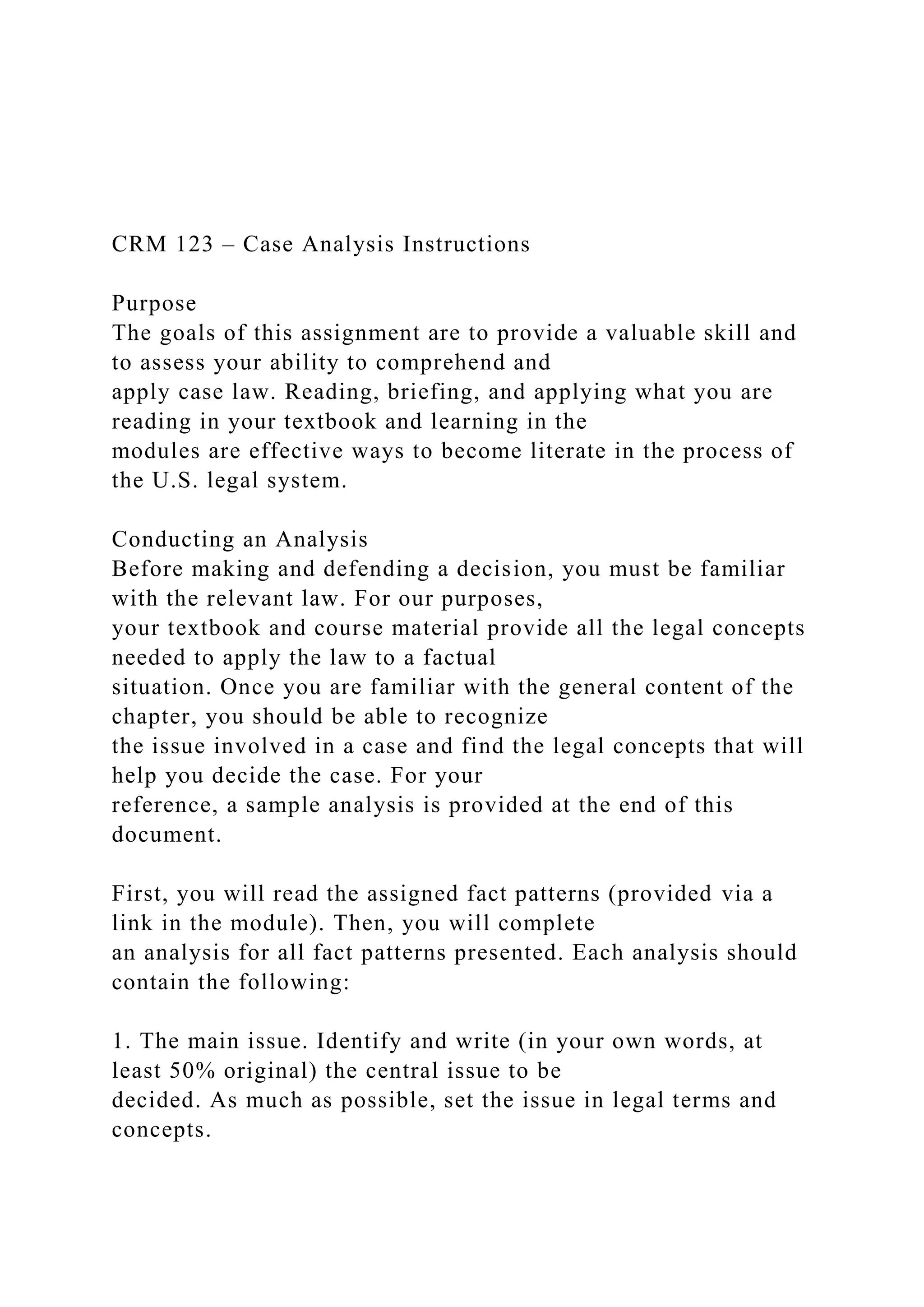 CRM 123 – Case Analysis Instructions Purpose The goals .docx | Law
