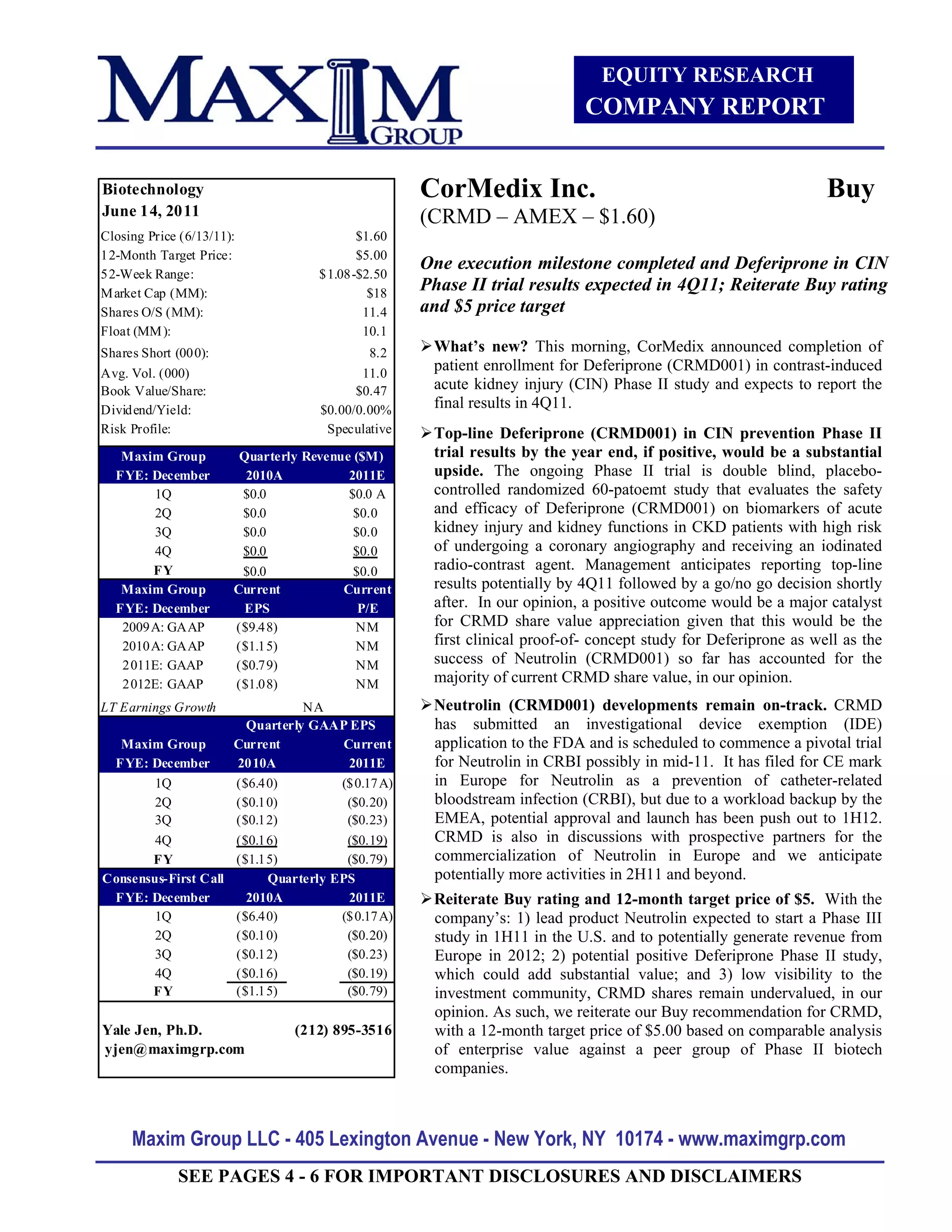 Cormedix ($CRMD) - Maxim June 2011 Update | PDF