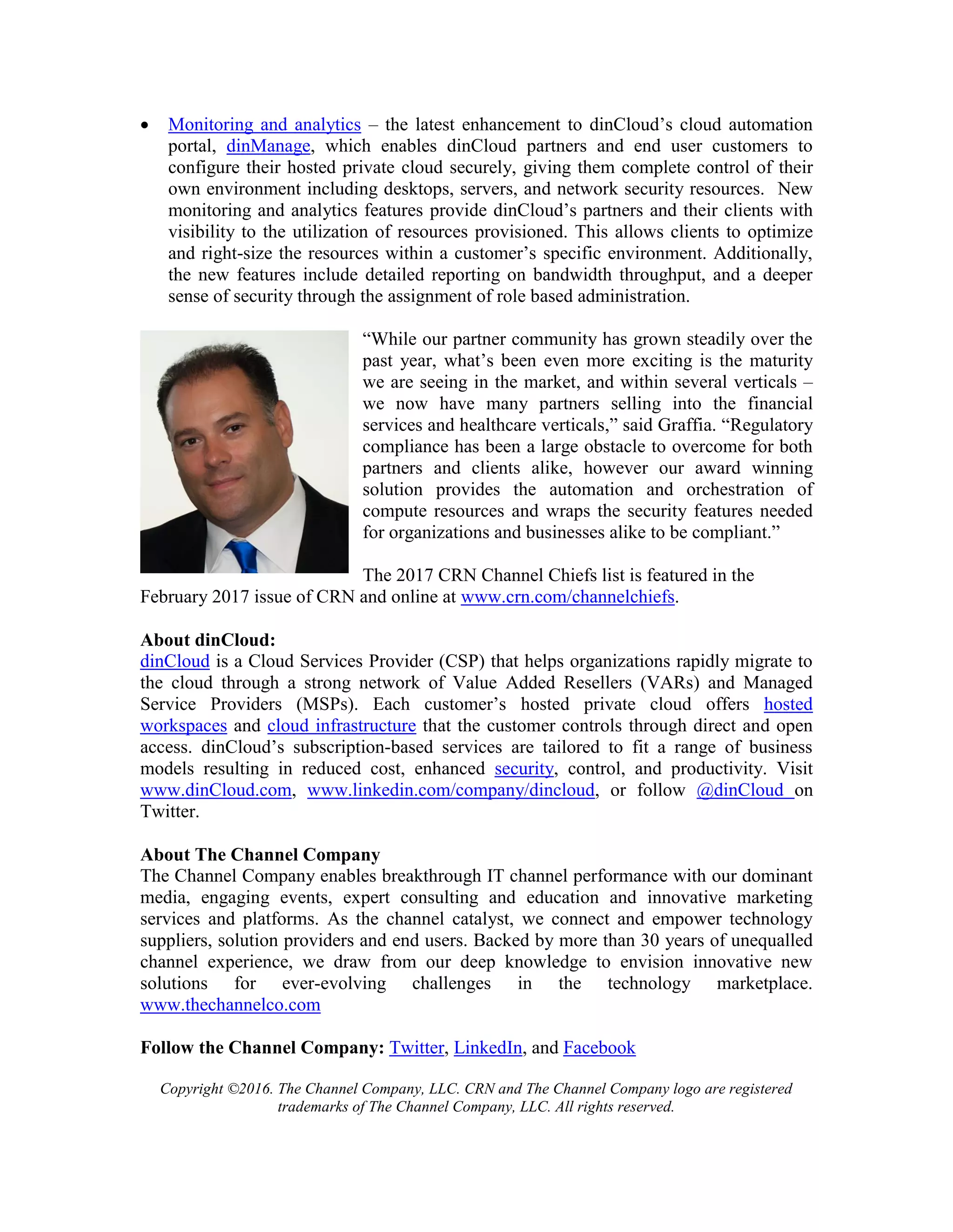 dinCloud Executive Recognized as 2017 CRN Channel Chief for Third ...