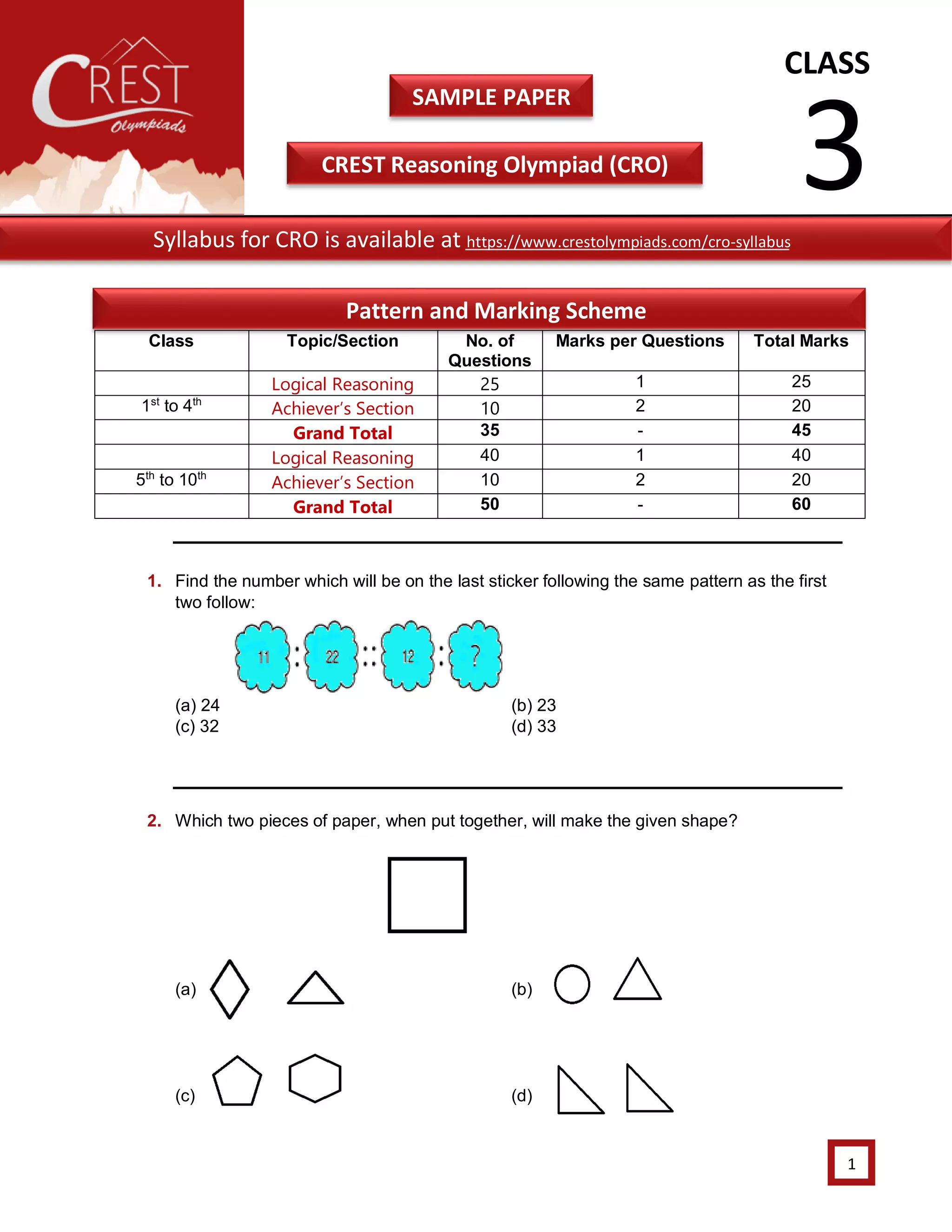 CRO Olympiad Exam Sample Paper for Class 3 | PDF