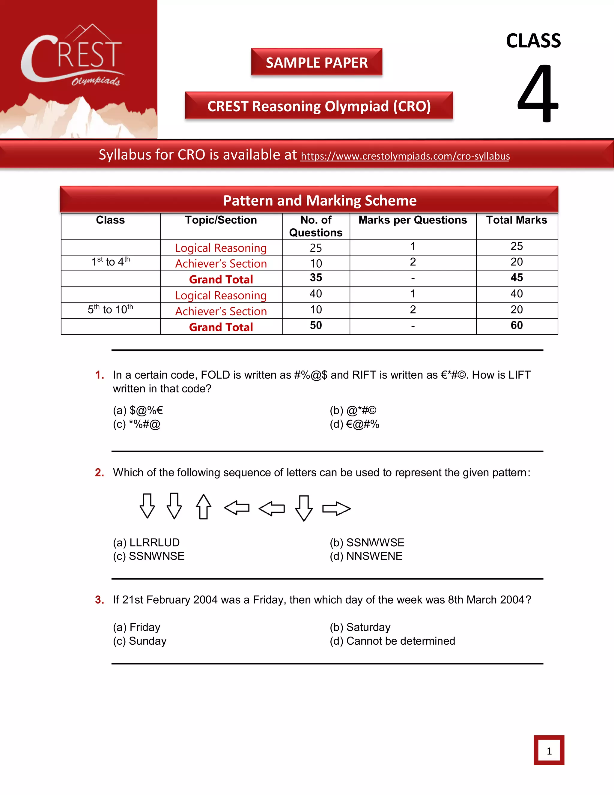 CRO Olympiad Exam Sample Paper for Class 4. | PDF