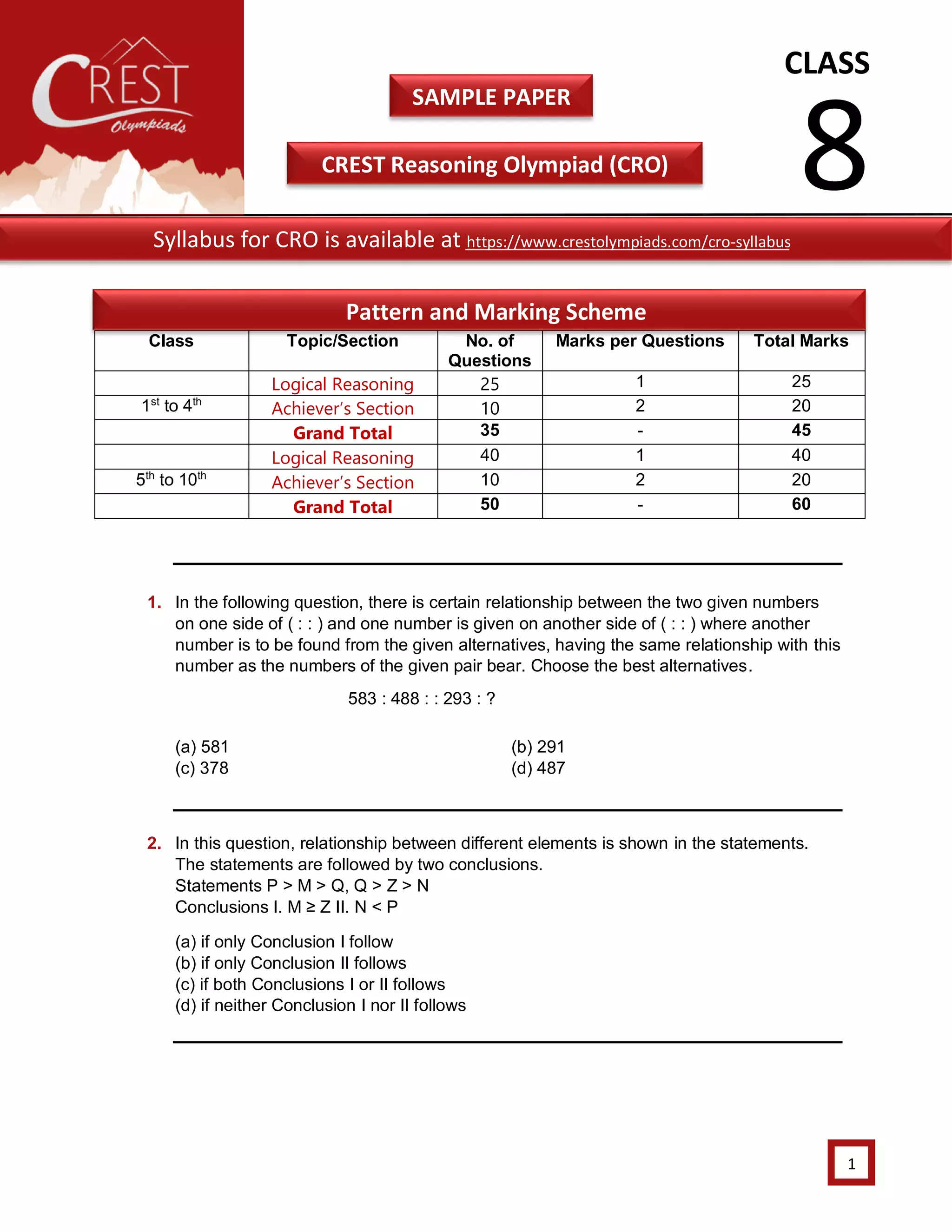 CRO Olympiad Exam Sample Paper for Class 8. | PDF