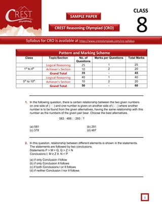 CRO Olympiad Exam Sample Paper for Class 8. | PDF