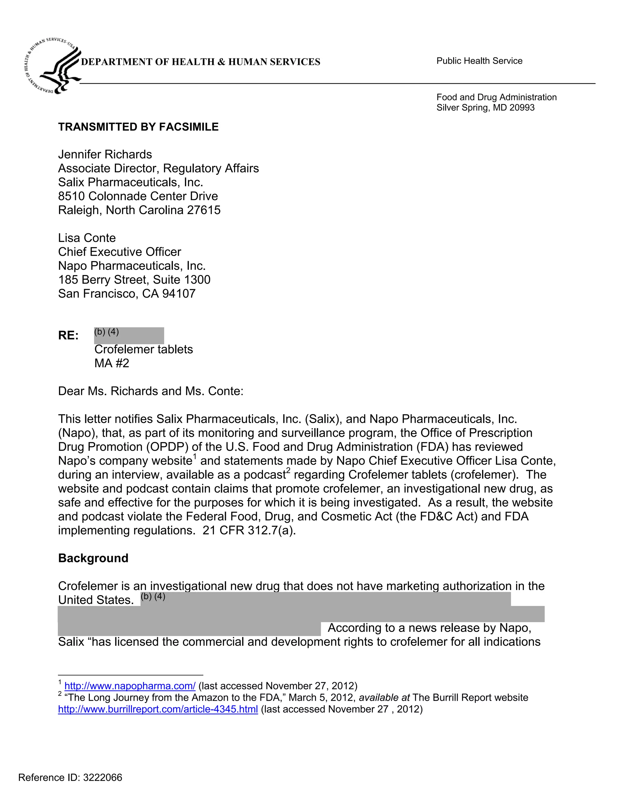 Crofelemer letter salix and napo 2012 | PDF