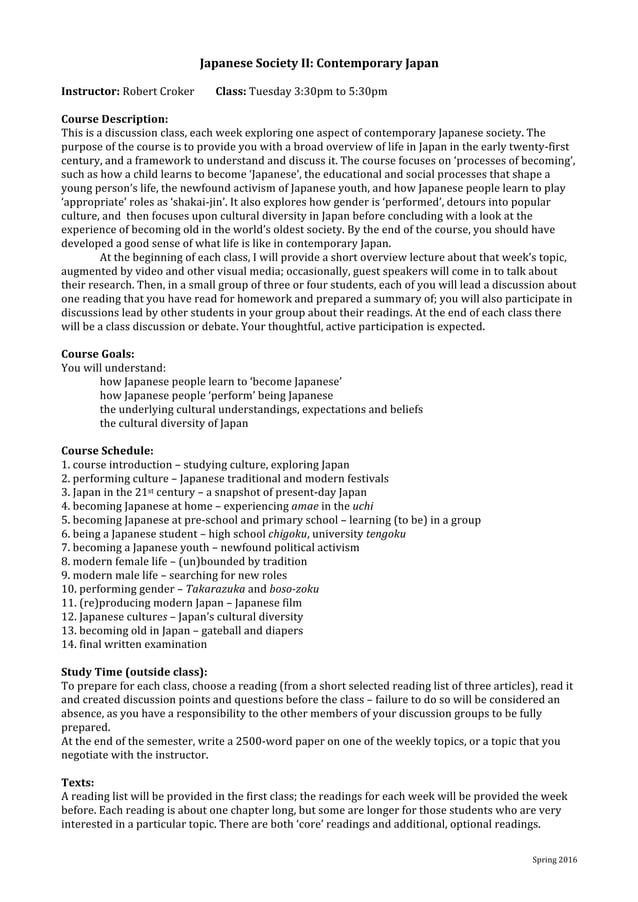 Japanese Society Ii Contemporary Japanese Class Syllabus Pdf