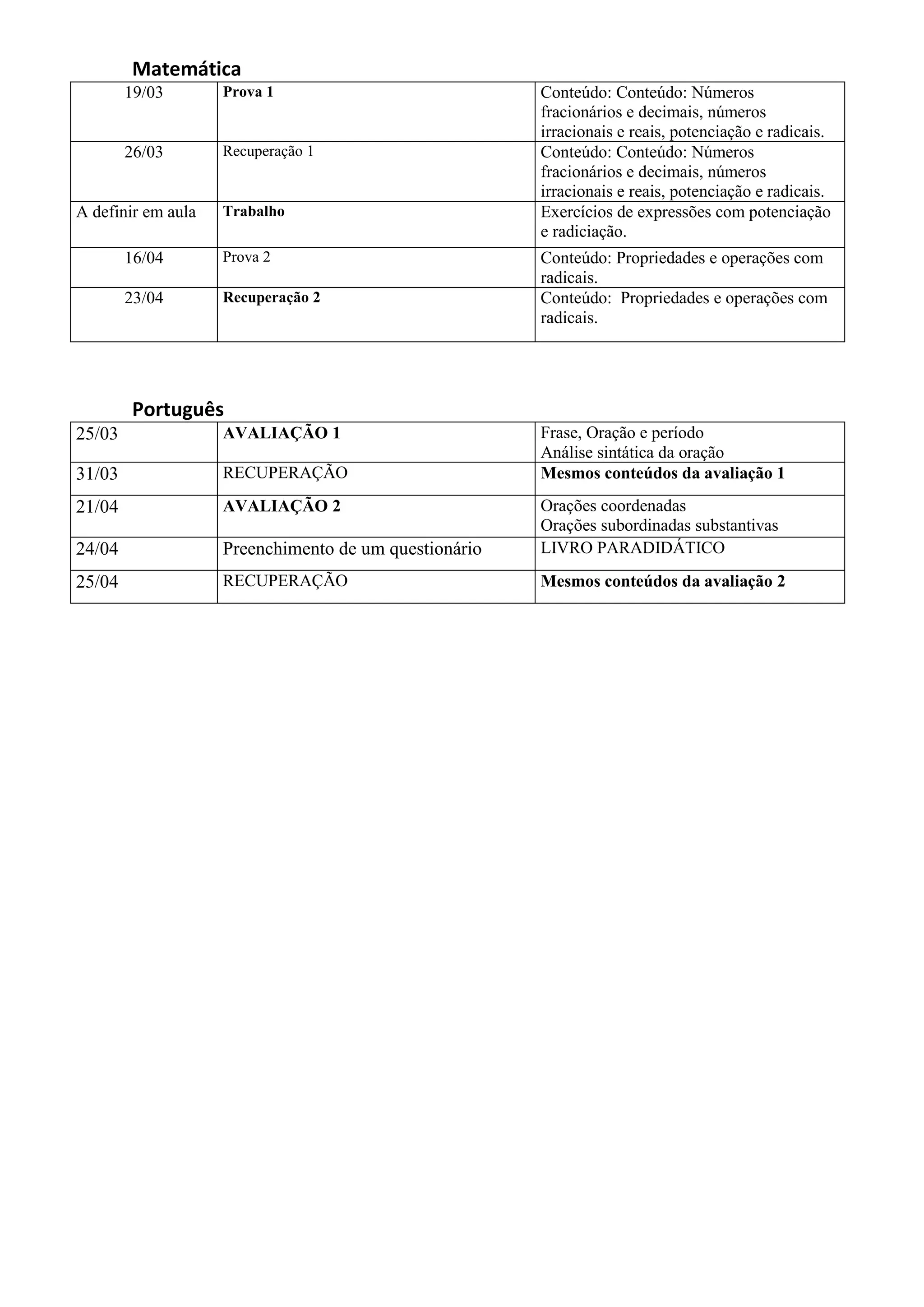 Cronograma de atividades turma 81 | PDF