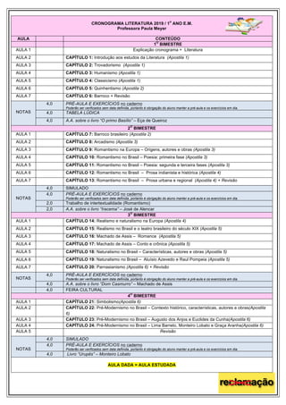 Cronograma Literatura / 2019 | PDF