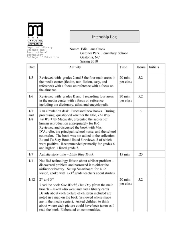 Crook Edie 2010 Internship Log | DOC | Geography | Science