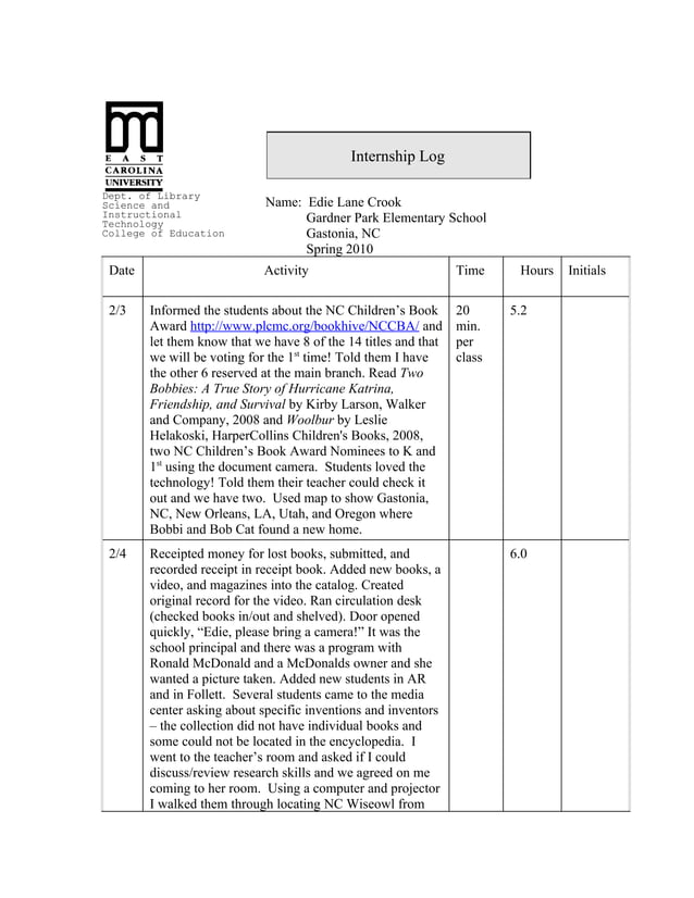 Crook Edie 2010 Internship Log | DOC | Geography | Science