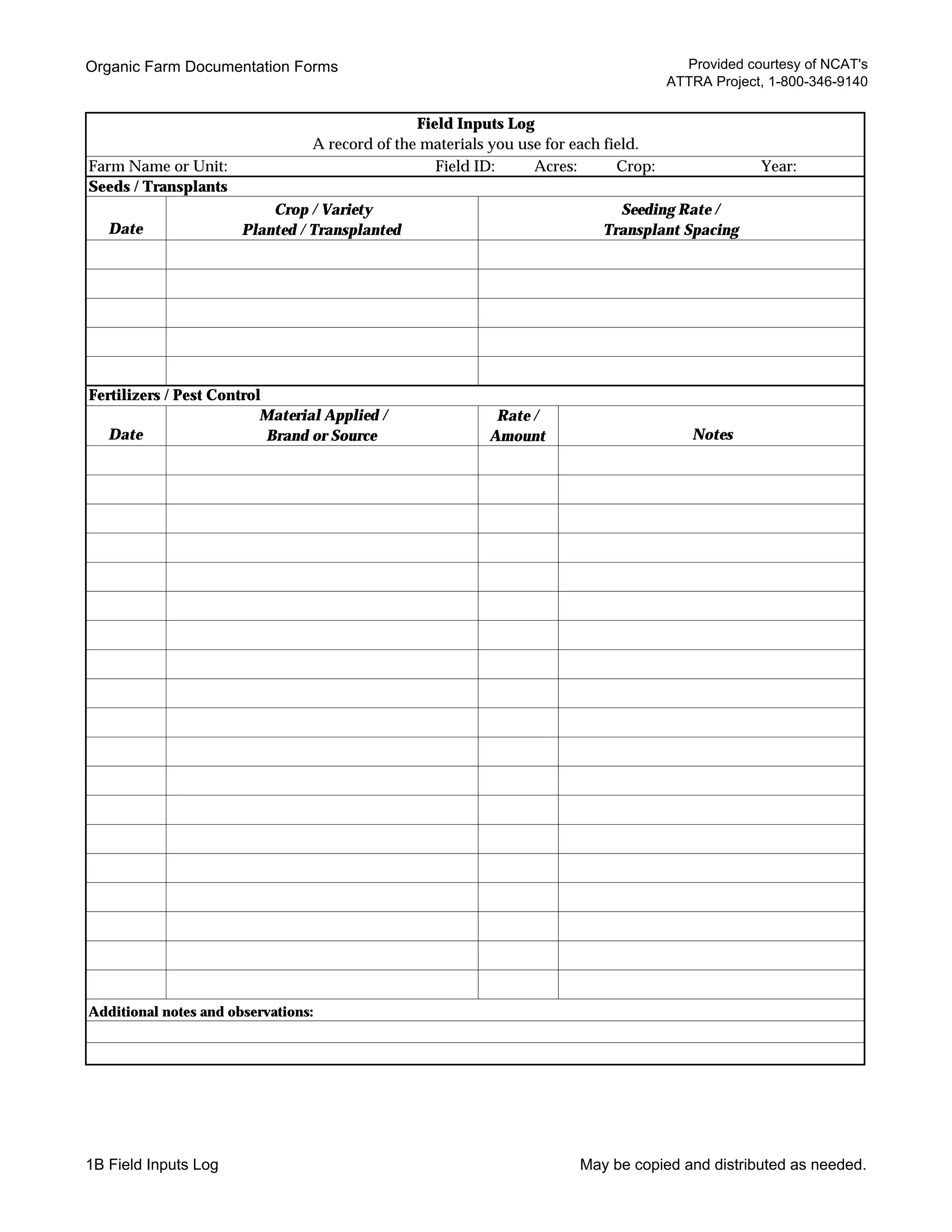 Organic Field Crops Documentation Forms | PDF