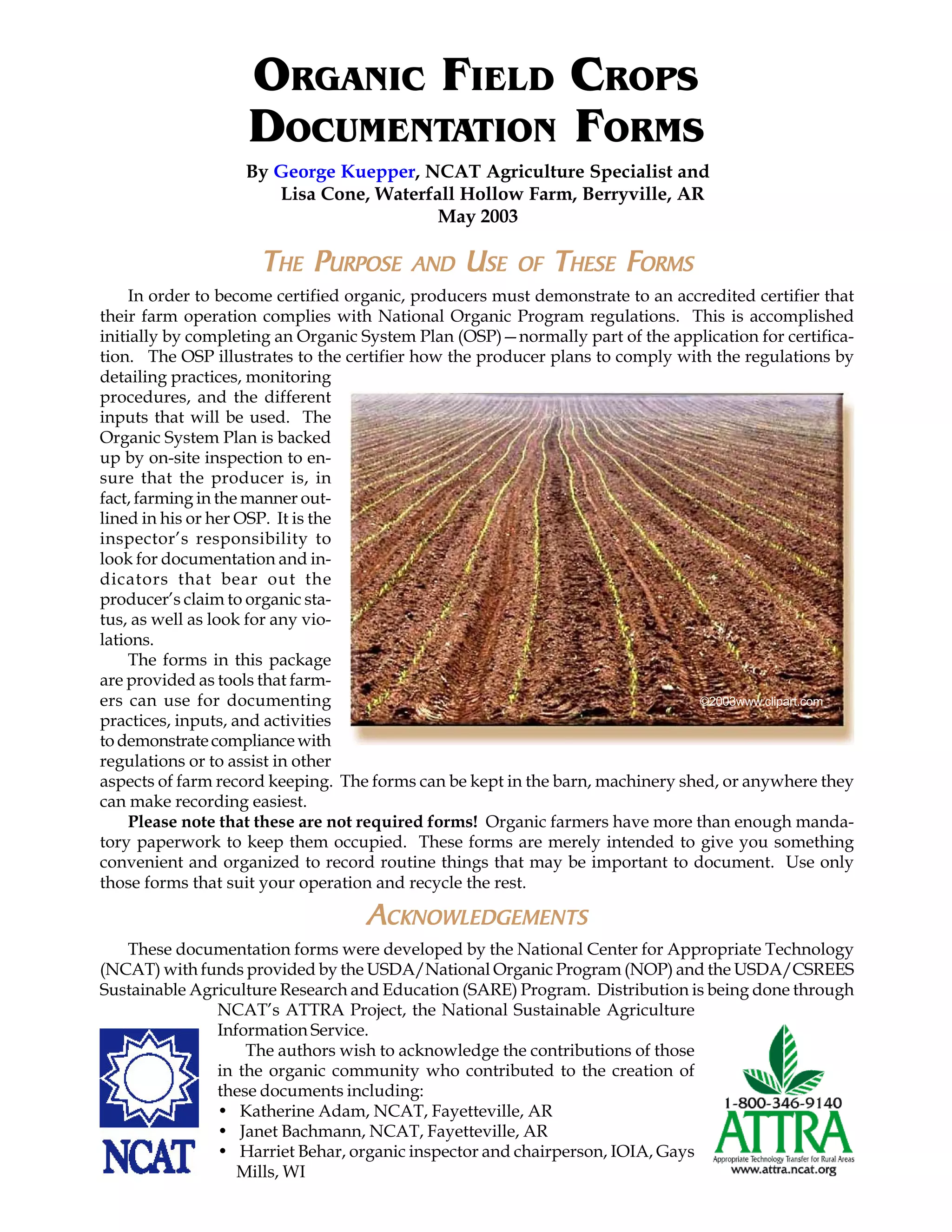 Organic Field Crops Documentation Forms | PDF