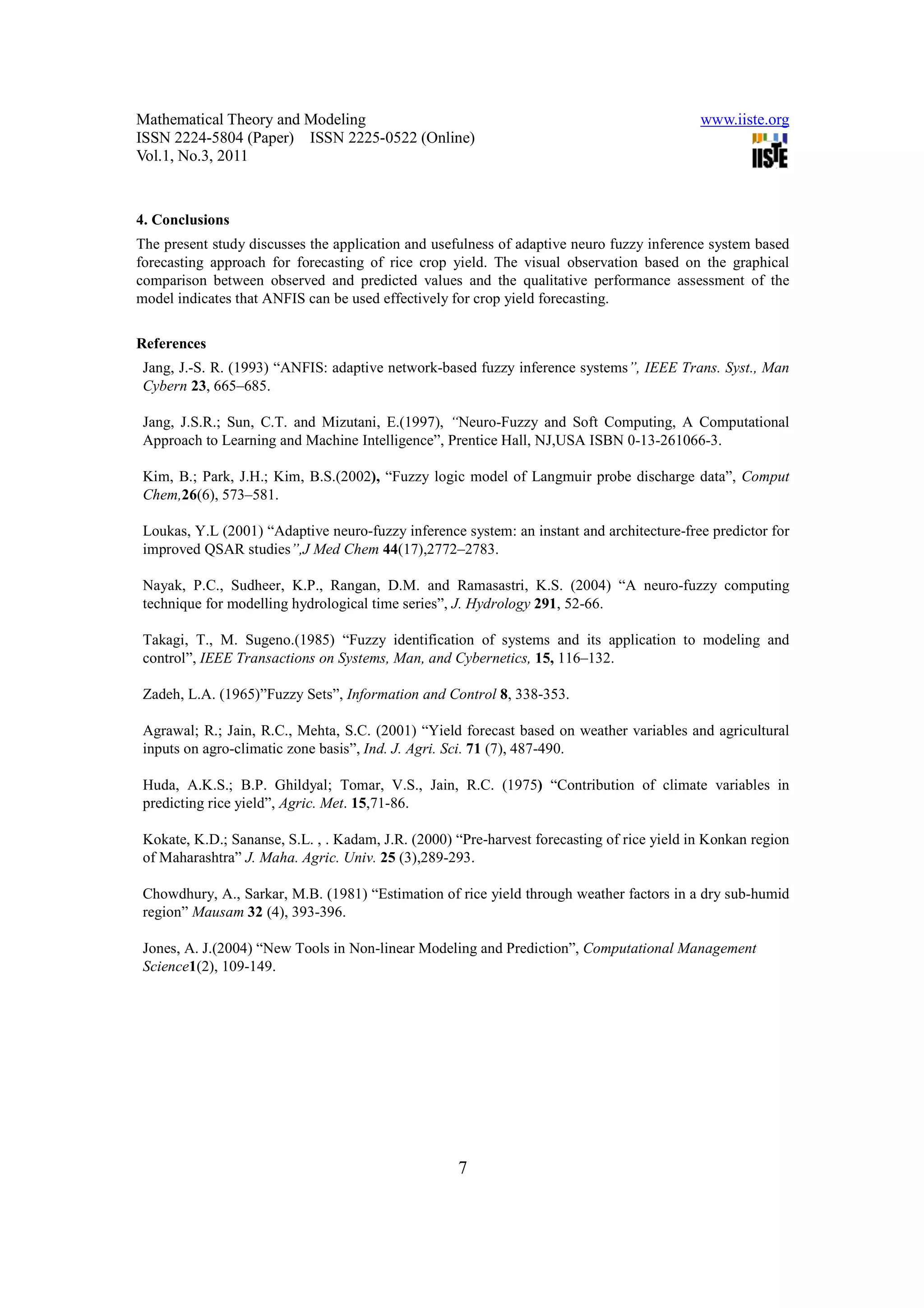 Crop Yield Forecasting By Adaptive Neuro Fuzzy Inference System Pdf