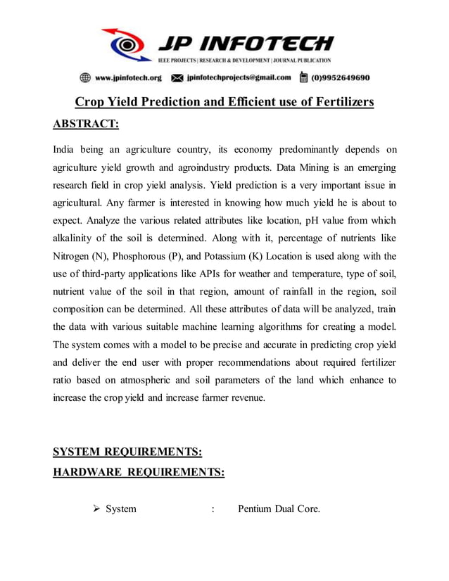 Crop Yield Prediction and Efficient use of Fertilizers | DOCX | Agriculture | Industries