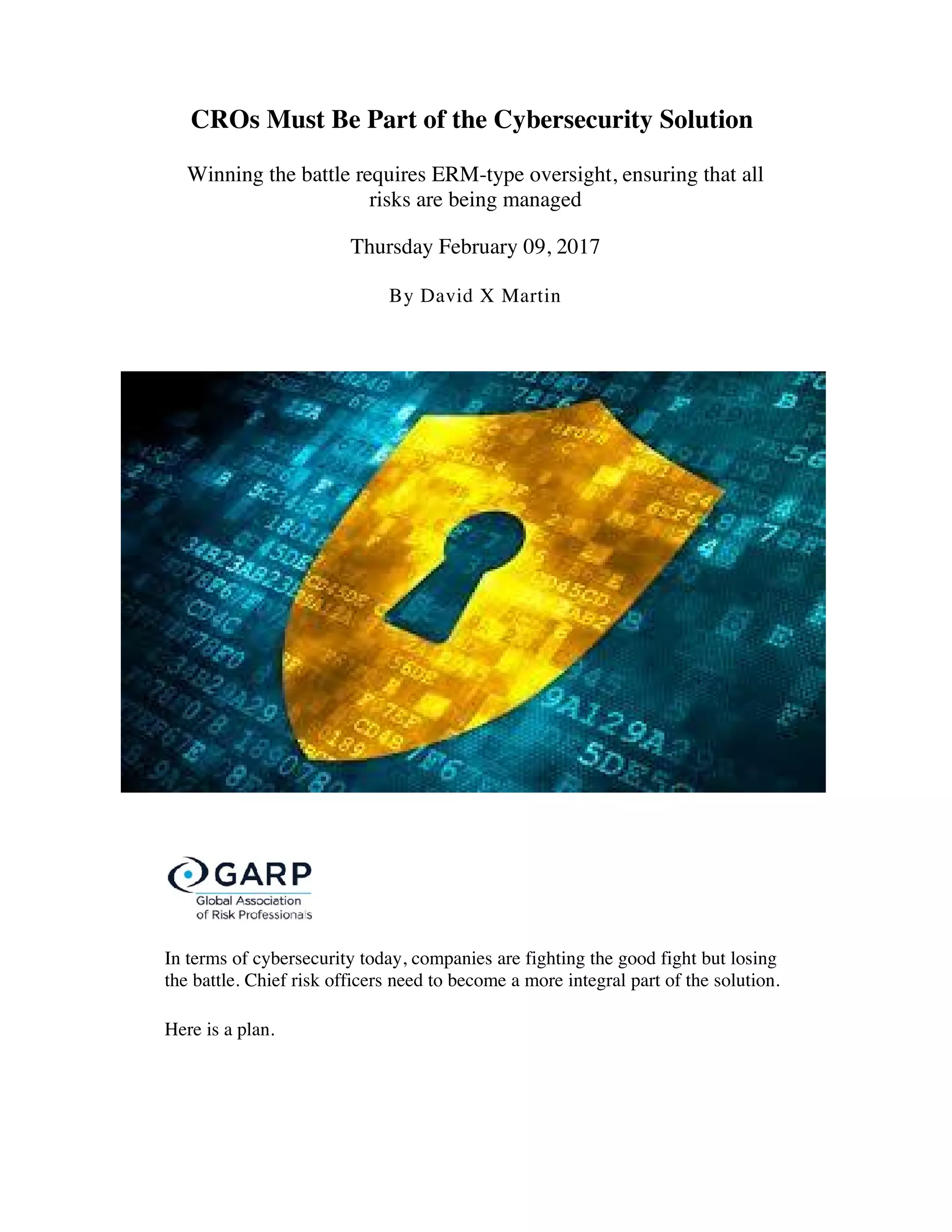 CROs must be part of the cybersecurity solution by david x martin | PDF