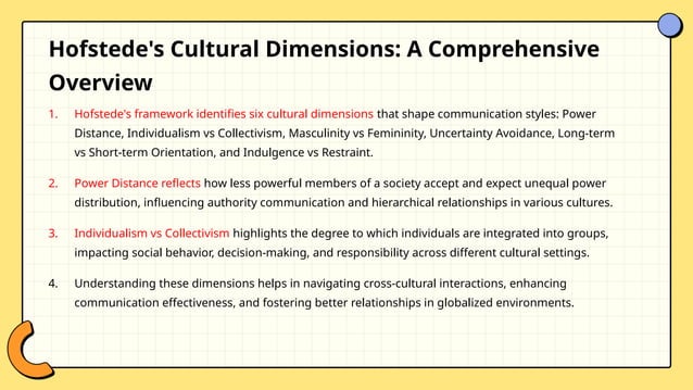 Hofstede's framework identifies six cultural dimensions that shape ...