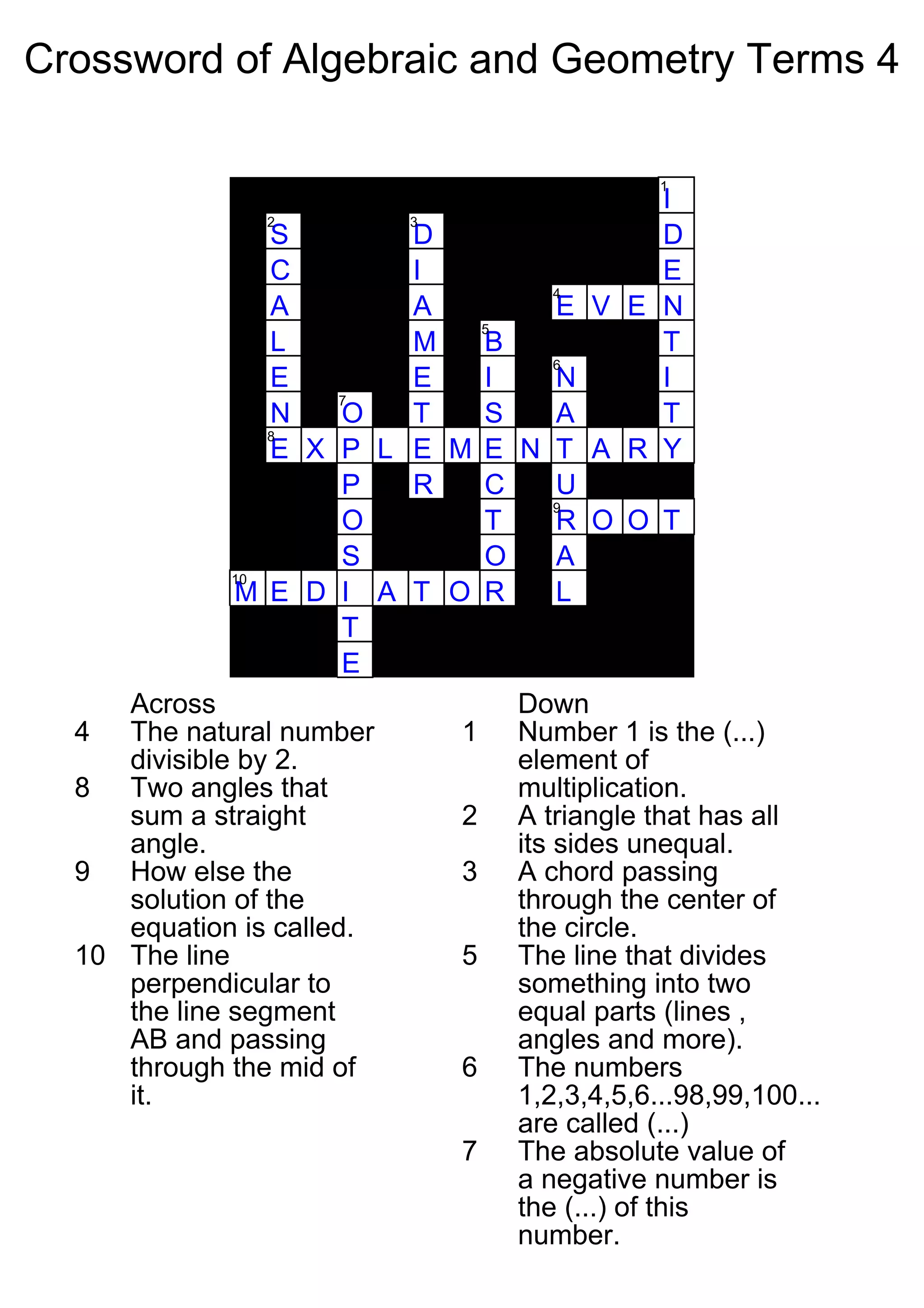 Crossword of algebraic and geometry terms 4 (ans) | PDF
