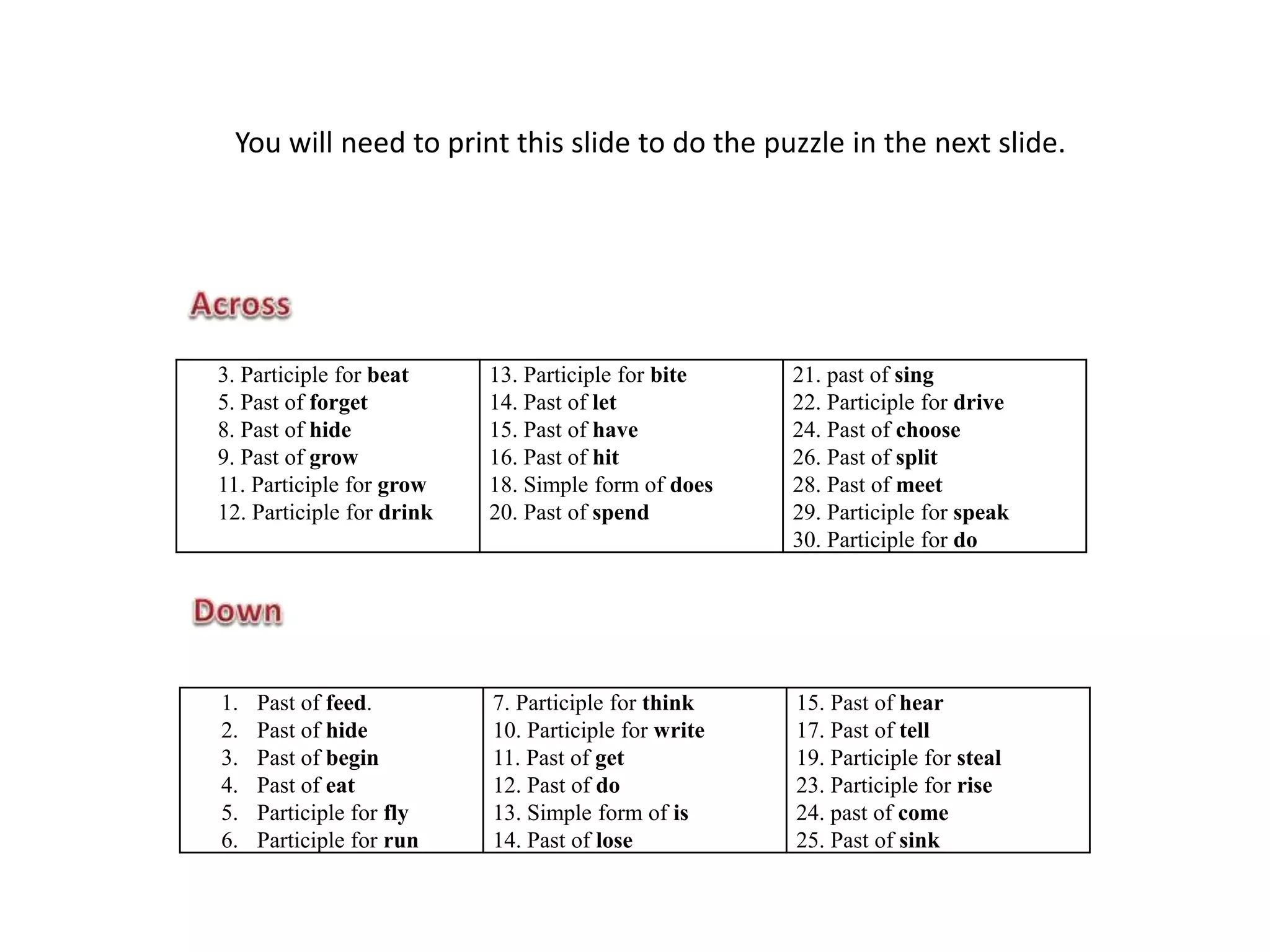 Irregular verbs Cross word puzzle GAME | PPT