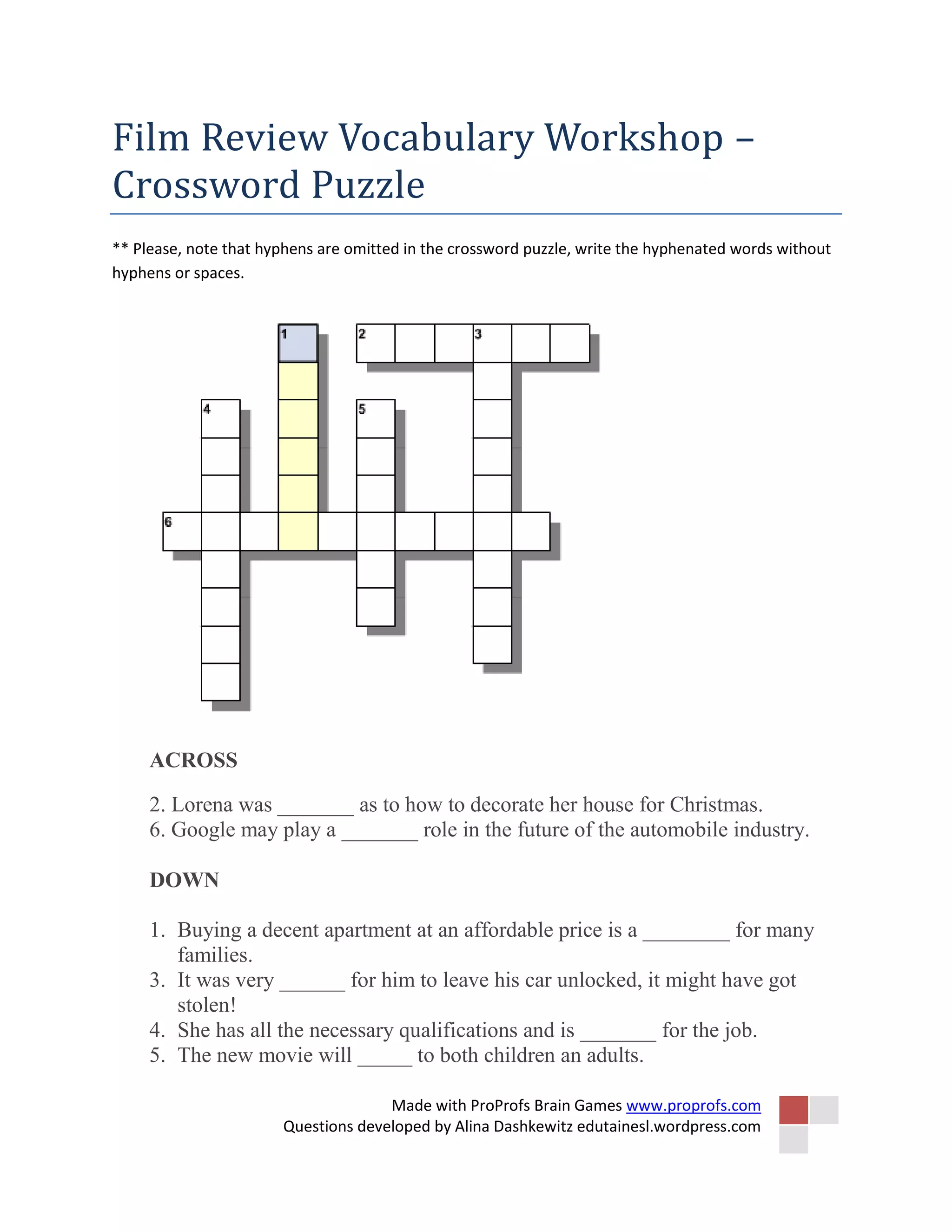 Crossword puzzle - Film Review Vocabulary Workshop | PDF