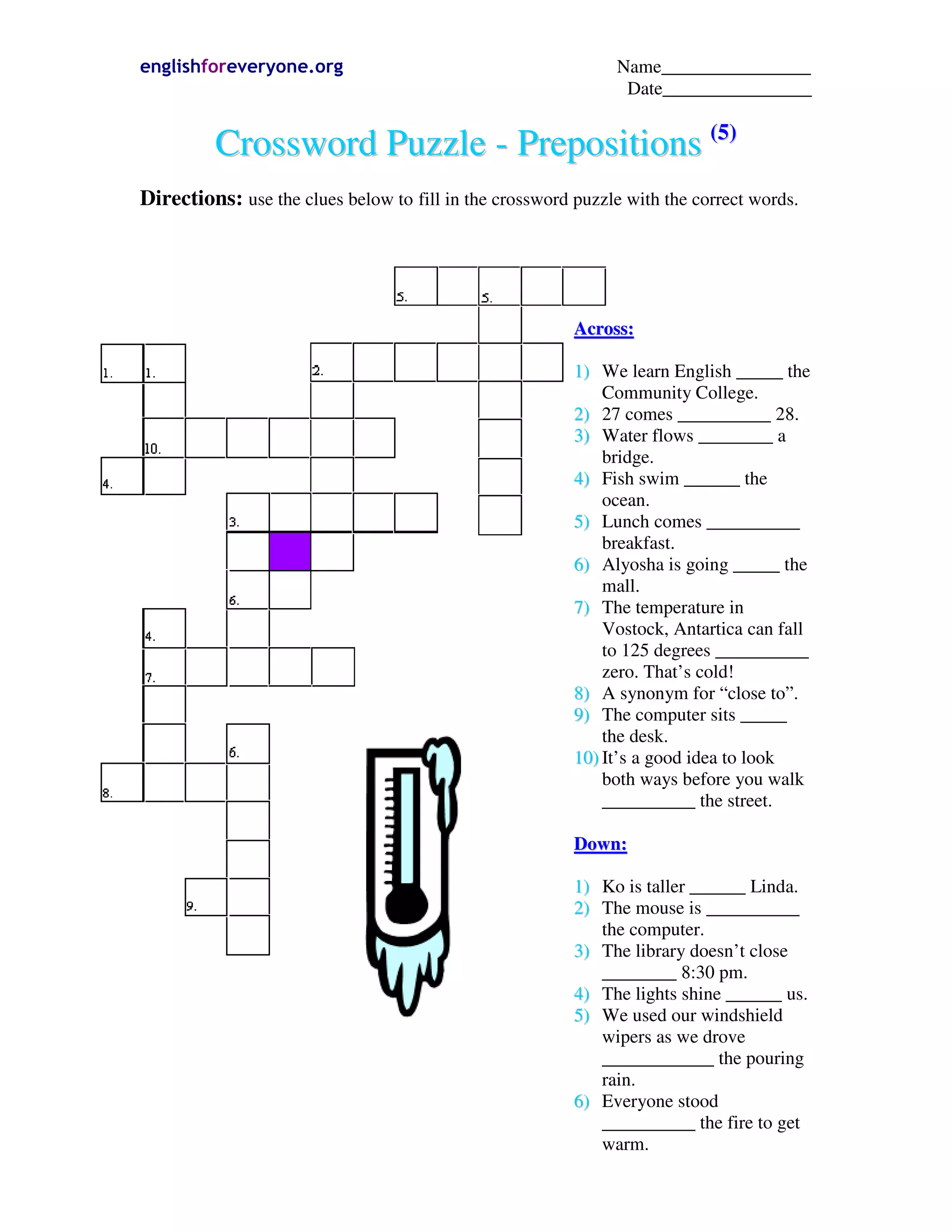 Crossword puzzle prepositions | PDF