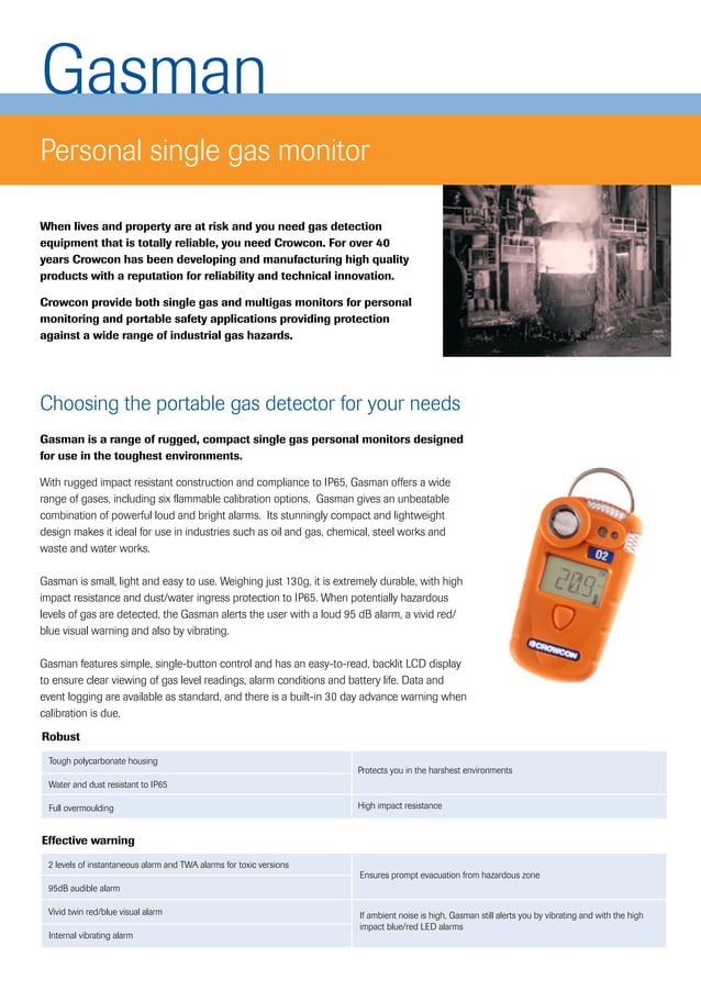 Crowcon Gasman Portable Gas Detector - Spec Sheet | PDF