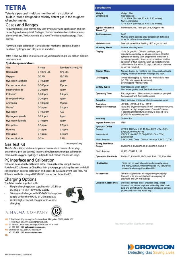 Crowcon Tetra Portable Gas Detector - Spec Sheet | PDF