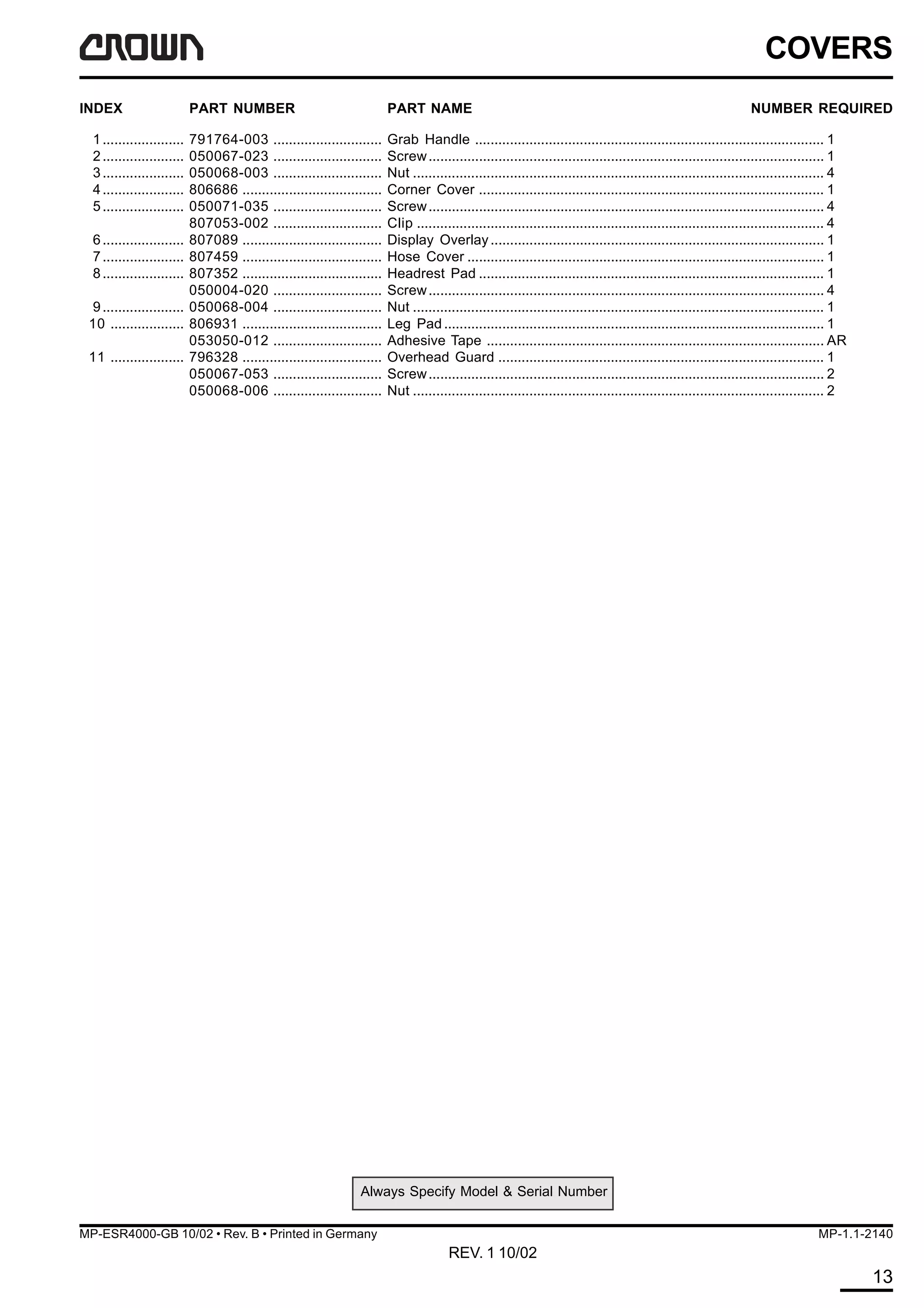 Crown esr4000 series forklift parts catalogue manual | PDF