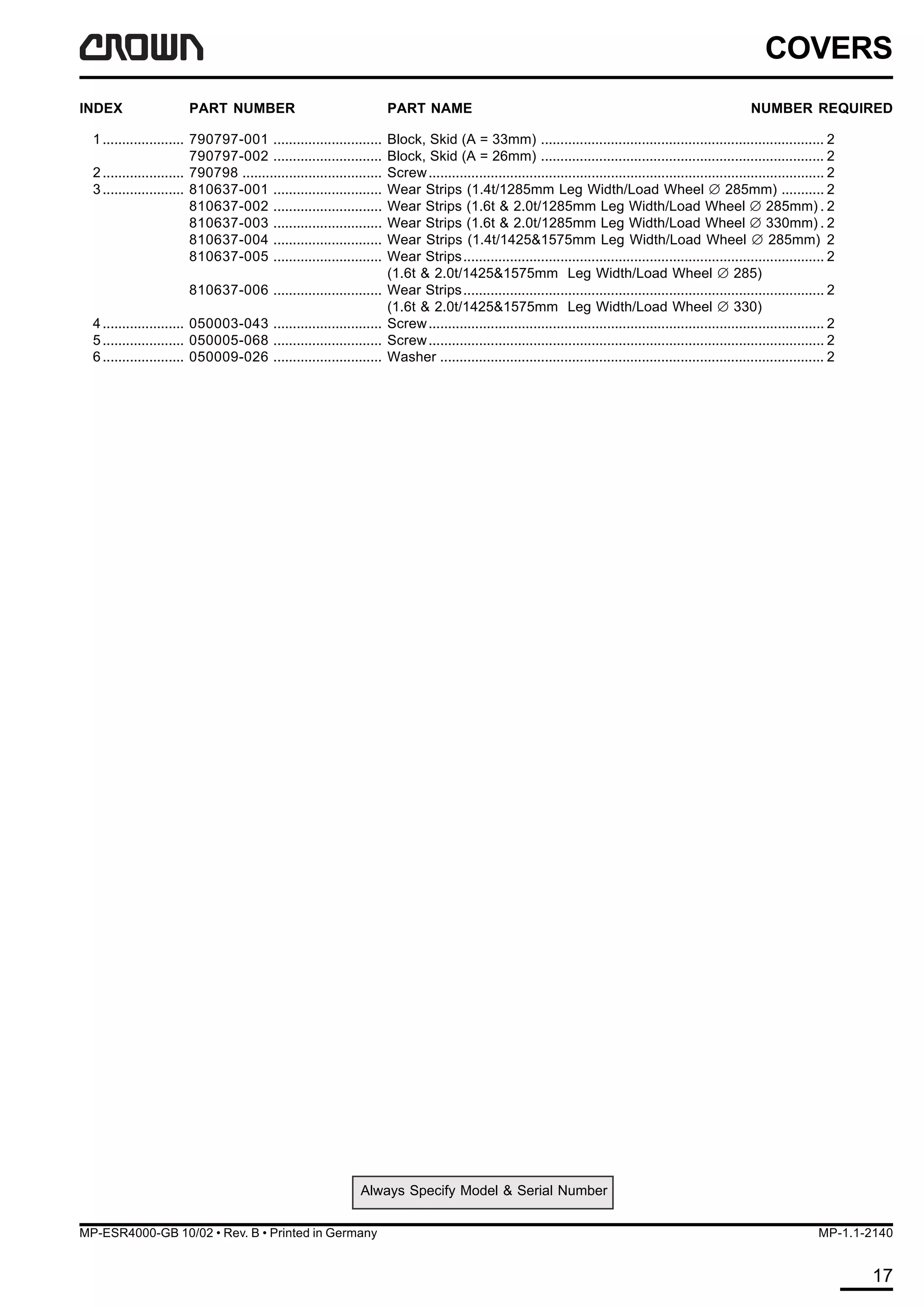 Crown esr4000 series forklift parts catalogue manual | PDF