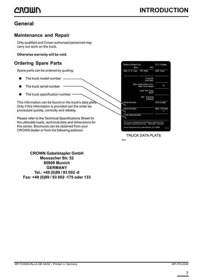 Crown fc4000 series forklift parts catalogue manual | PDF