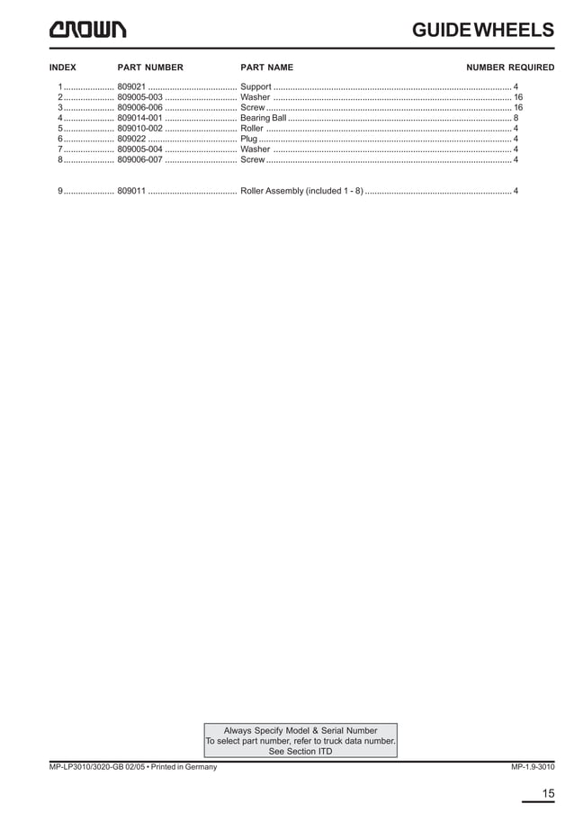 Crown lp3020 lift truck parts catalogue manual | PDF
