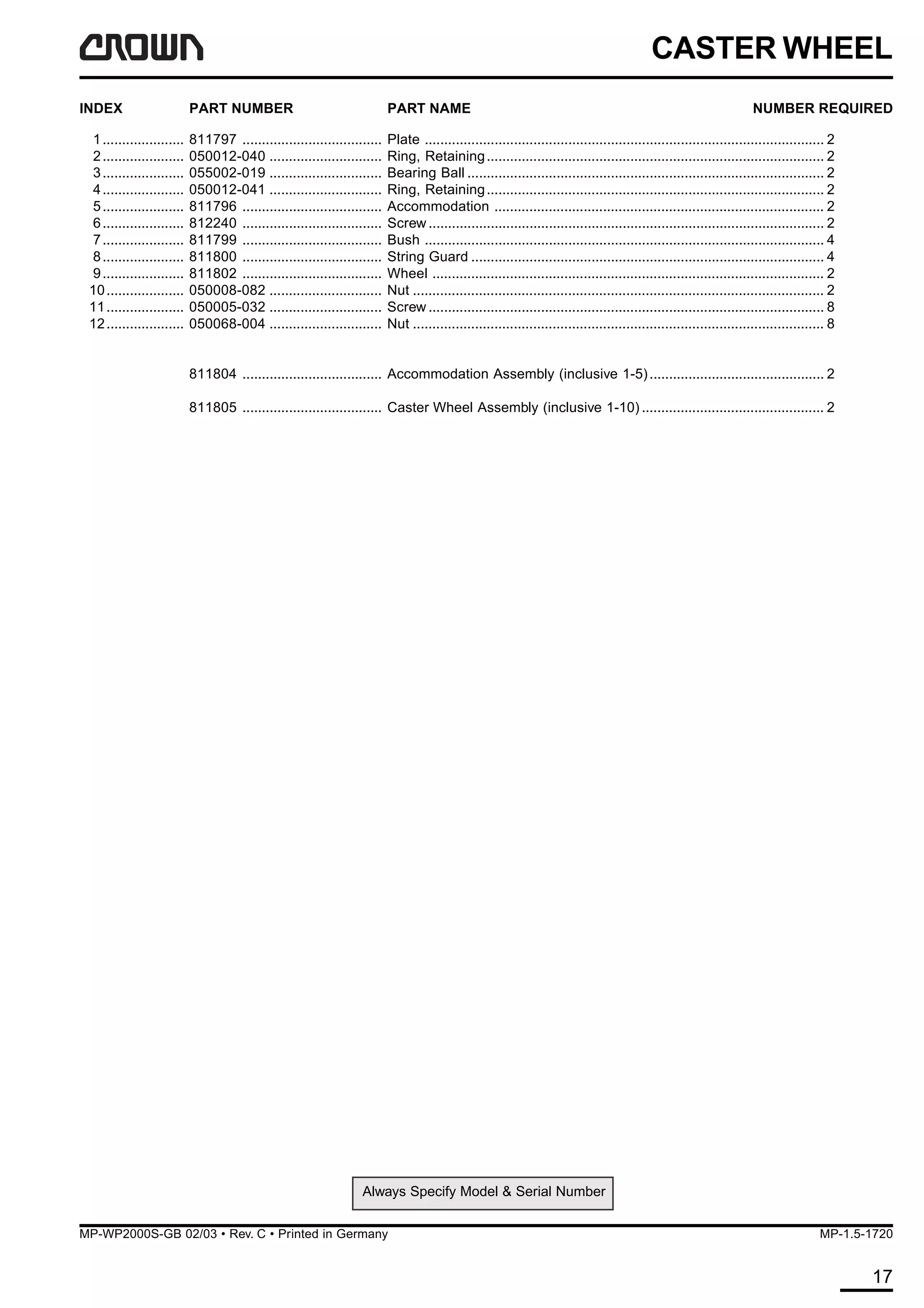 Crown wp2000 s series pallet truck parts catalogue manual | PDF