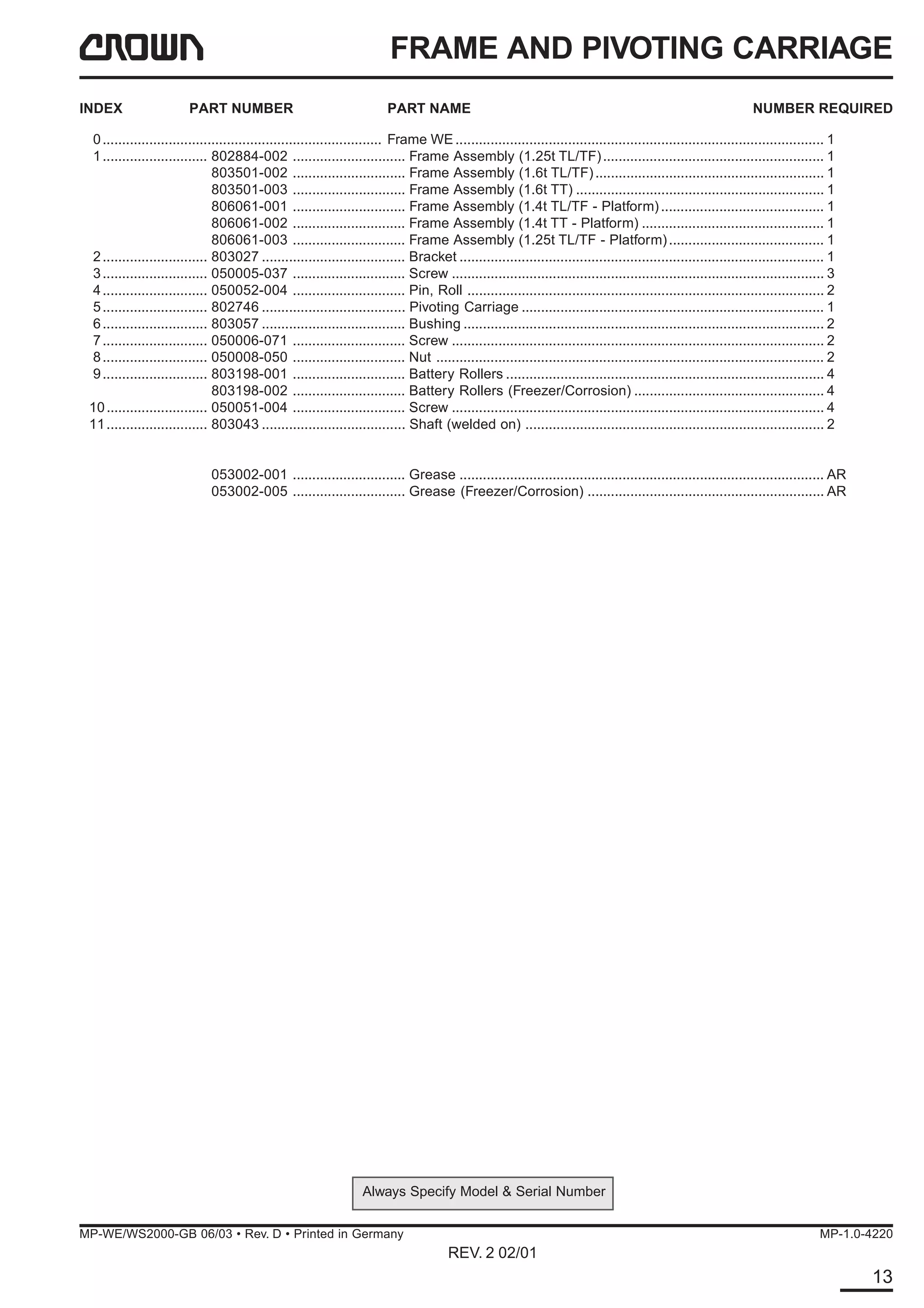 Crown ws2000 series forklift parts catalogue manual | PDF