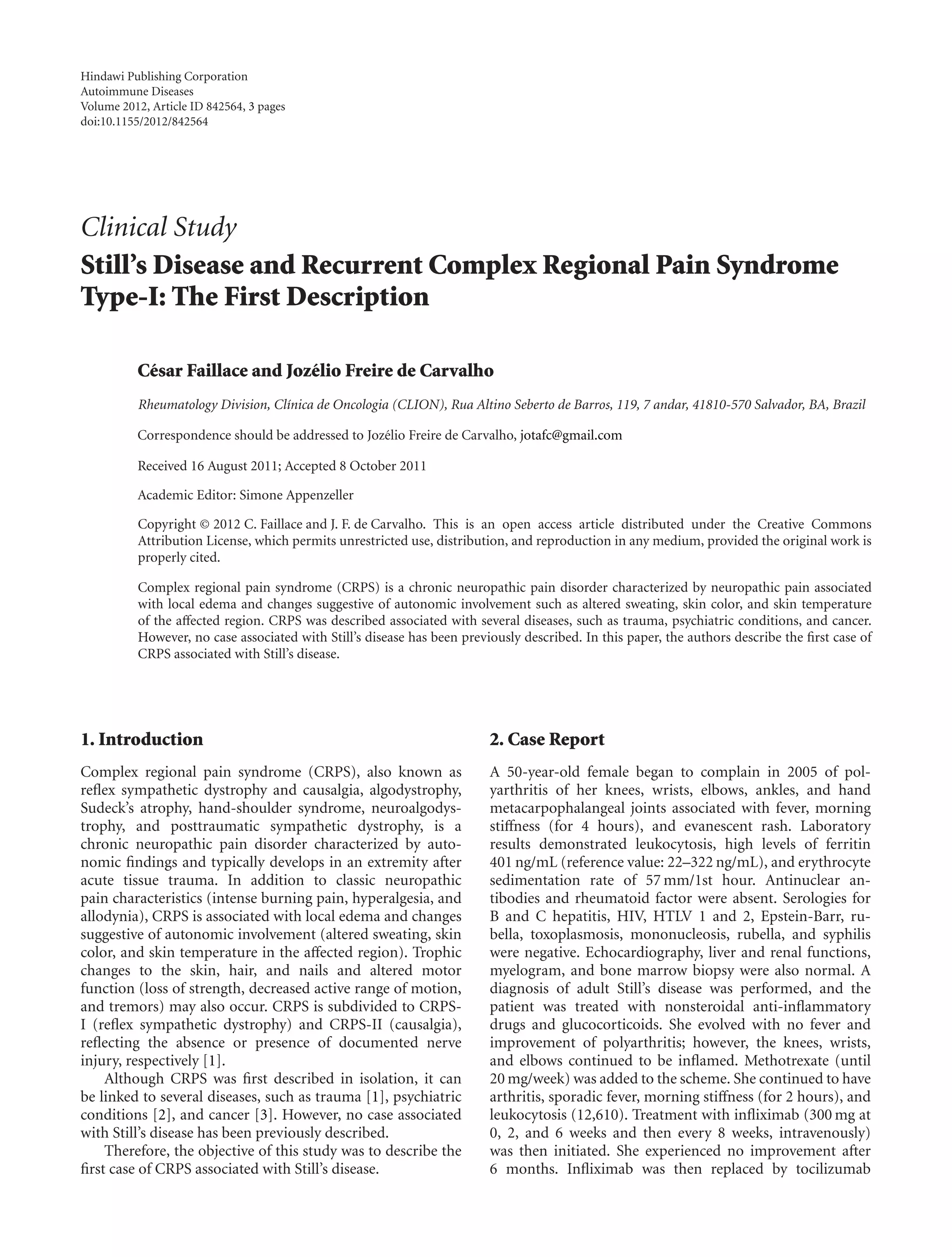Still’s Disease and Recurrent Complex Regional Pain Syndrome Type-I ...