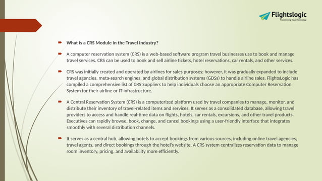 CRS Module | Central Reservation System | Travel CRS | PPT