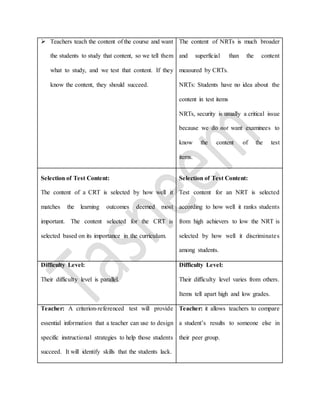 COMPARATIVE REVIEW OF CRITERION REFERENCED TESTS (CRTs) AND NORM ...