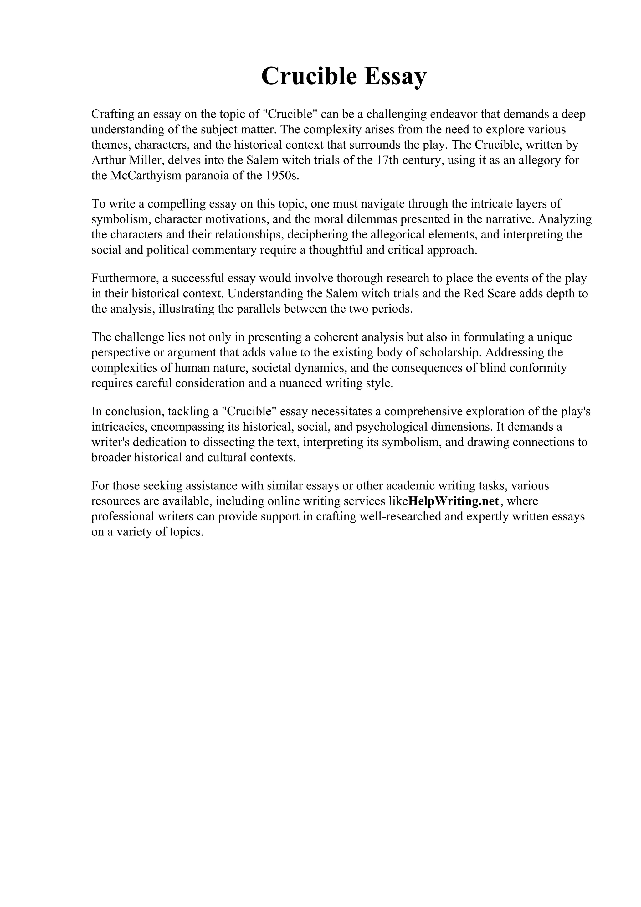 Crucible Essay. The Crucible essay Year 12 HSC - English Advanced ...