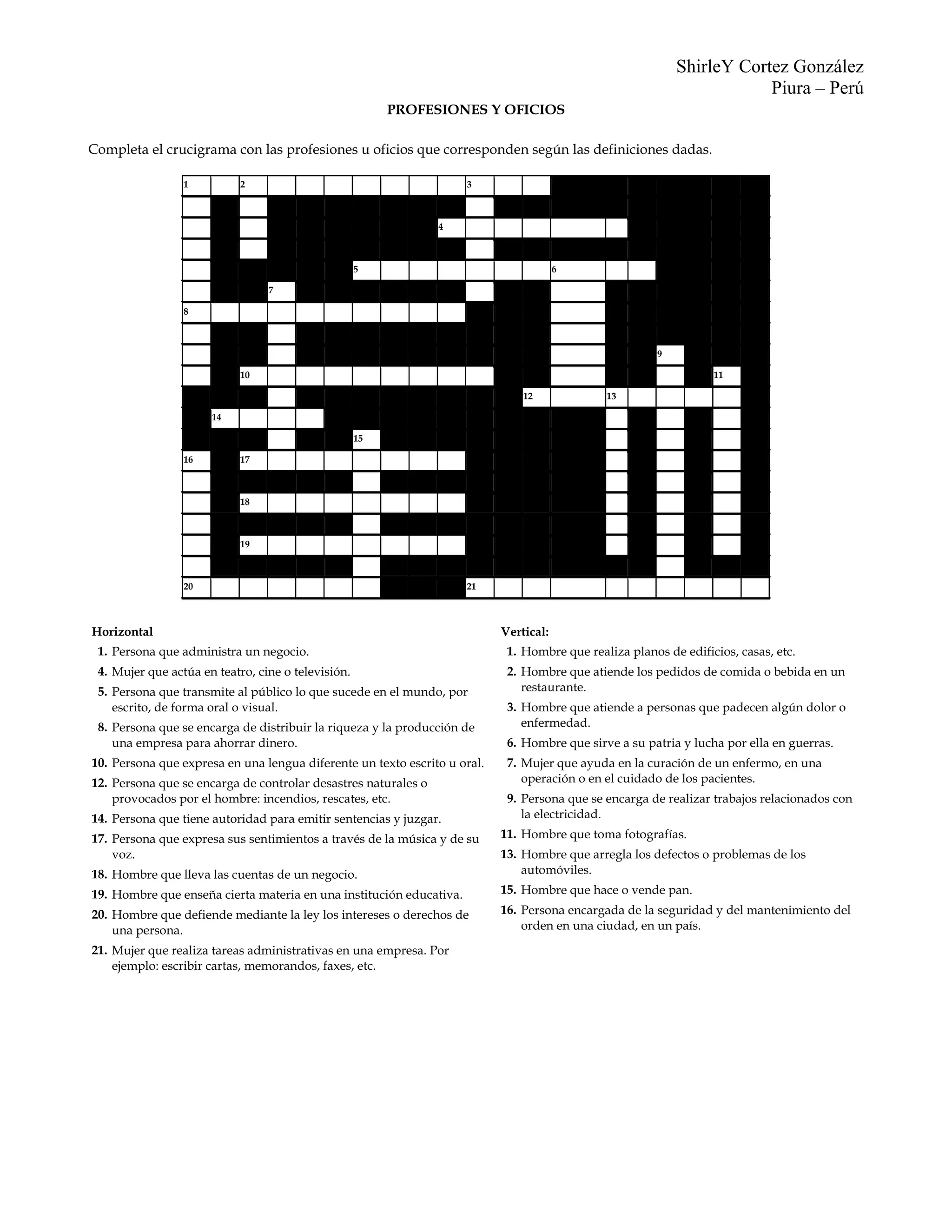 Crucigrama profesiones u oficios | PDF