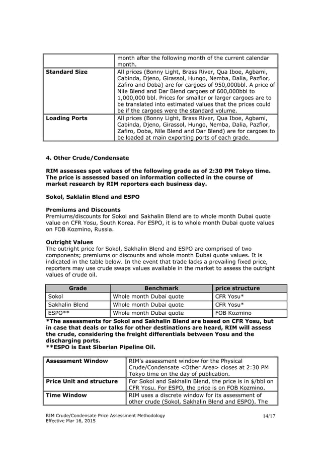 RIM Crude/Condensate Price Assessment Methodology | PDF