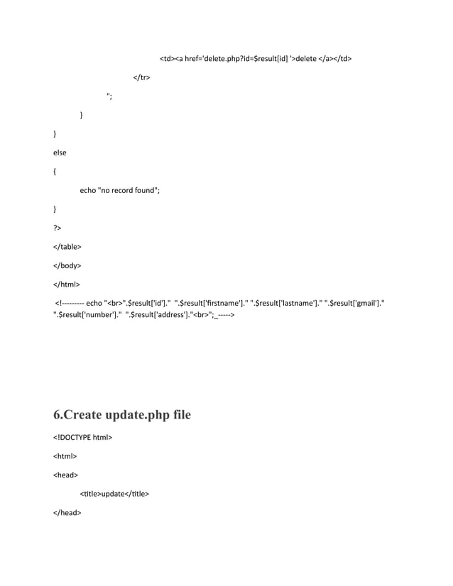 CRUD OPERATIONS using MySQL connectivity in php | DOCX