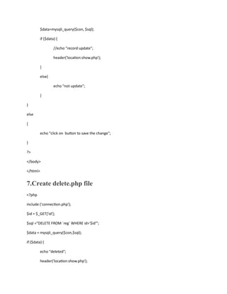 CRUD OPERATIONS using MySQL connectivity in php | DOCX