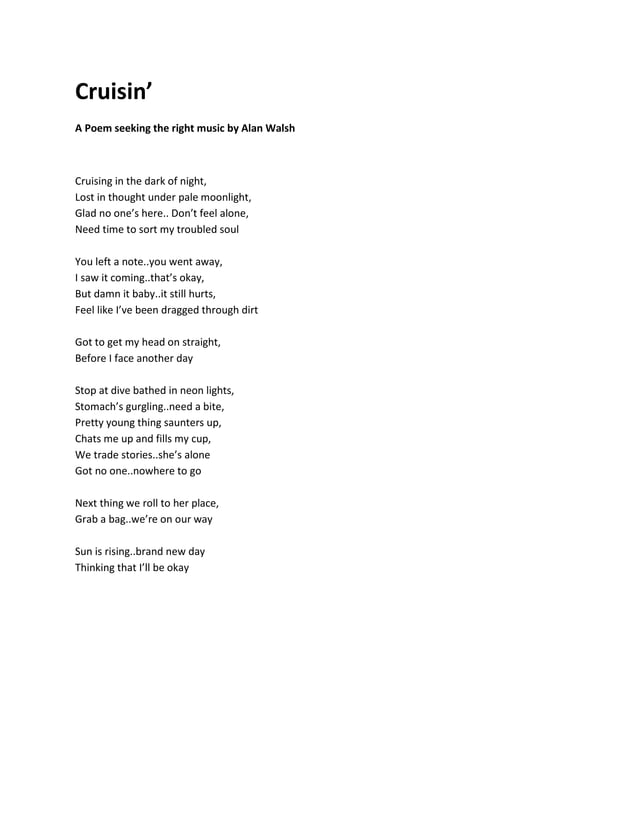 Cruisin' - A Poem seeking the right music by Alan Walsh | DOCX