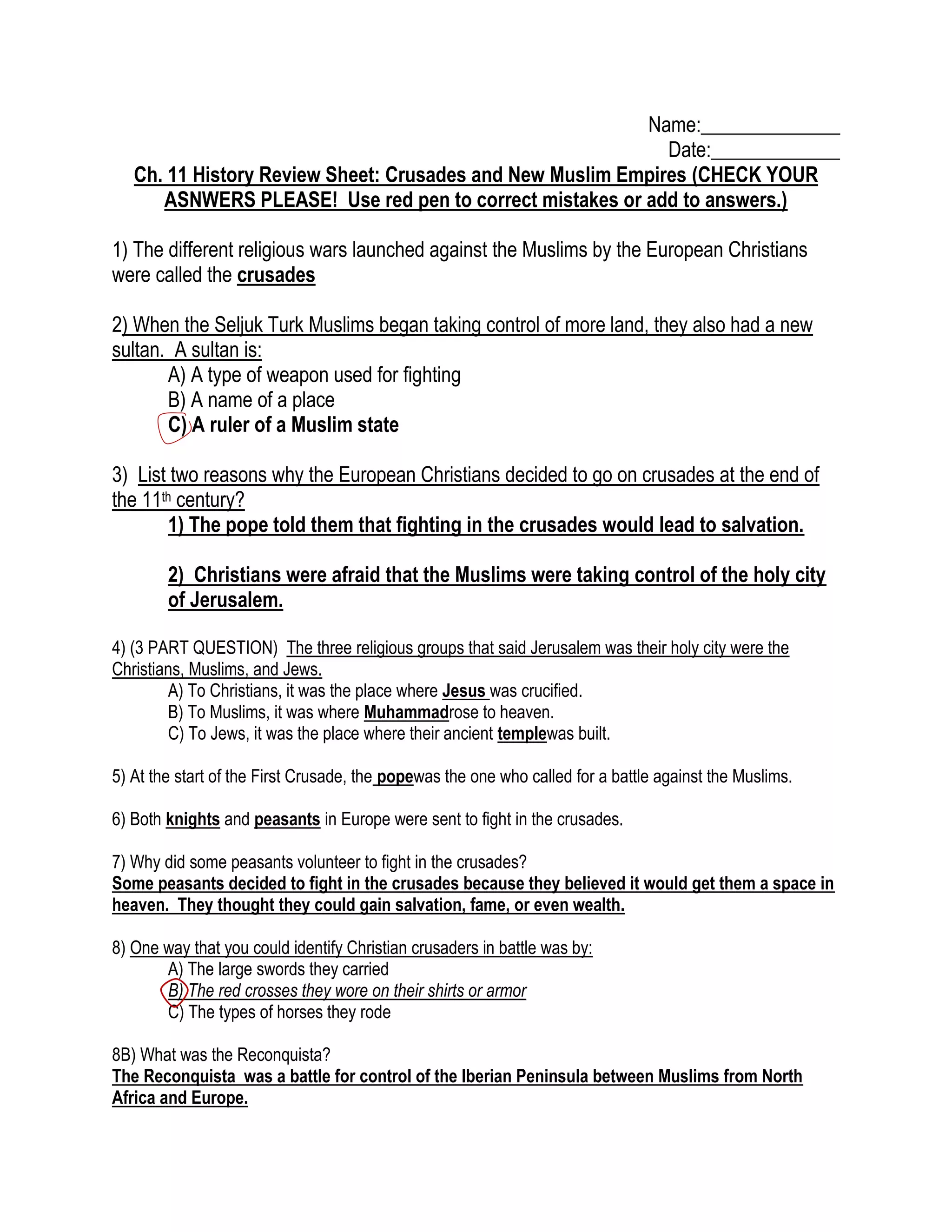 Crusades review answer key | DOCX