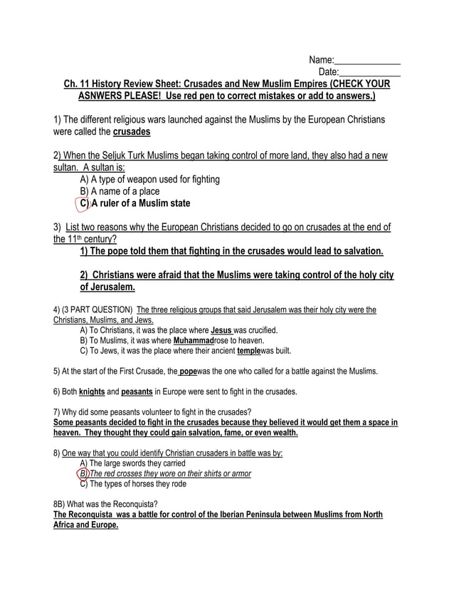 Crusades review answer key | DOCX | Christianity | Religion & Spirituality