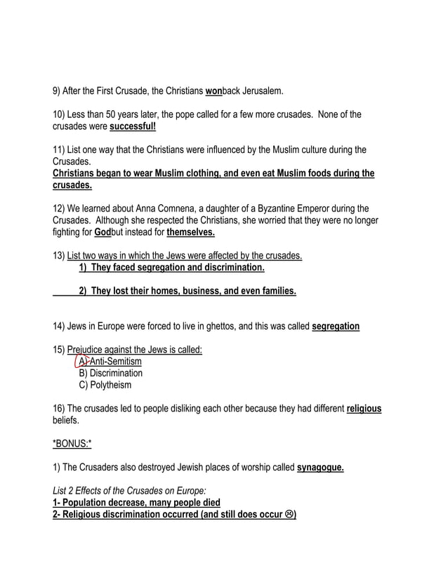 Crusades review answer key | DOCX | Christianity | Religion & Spirituality